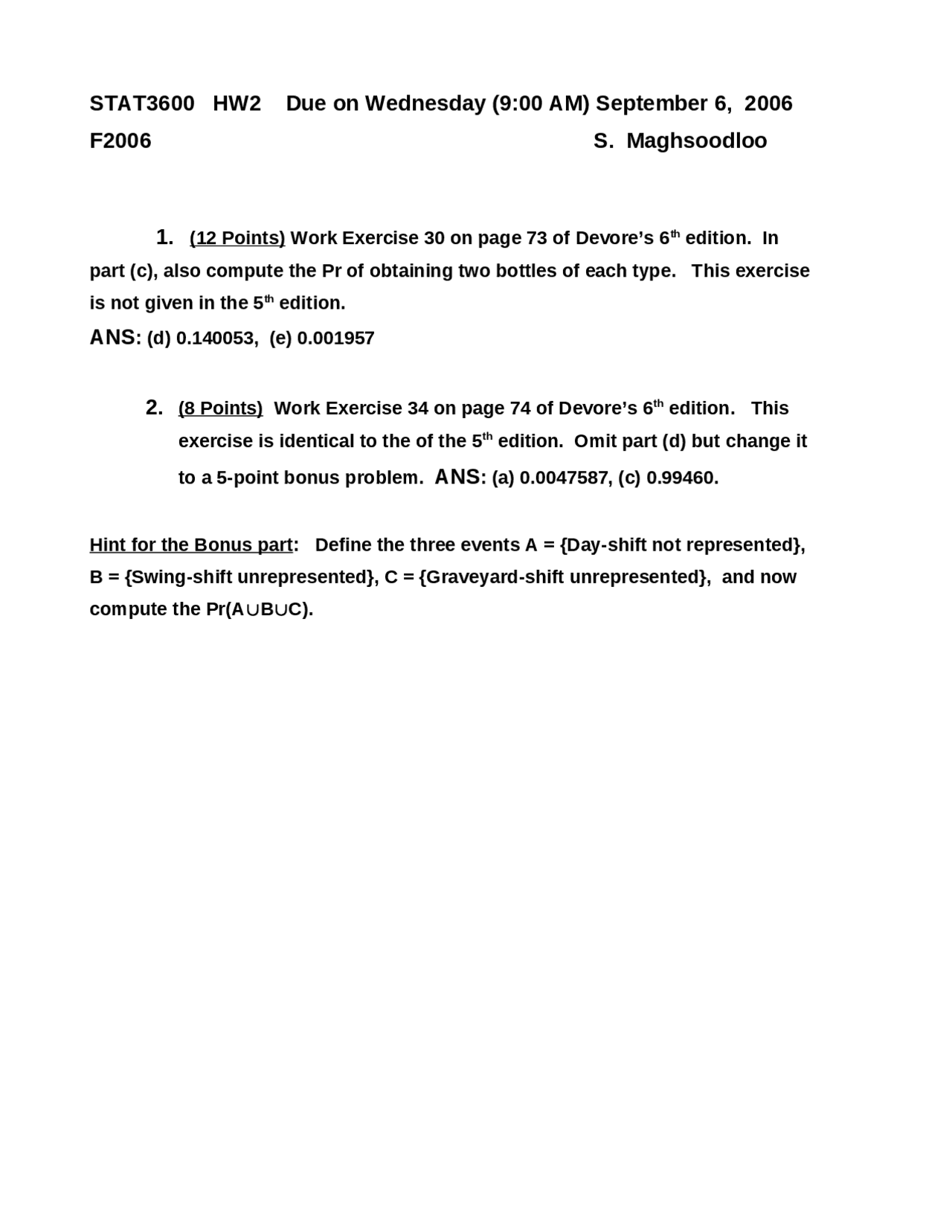 Homework 2 Problems for Probability and Statistics I | STAT 3600 - Docsity