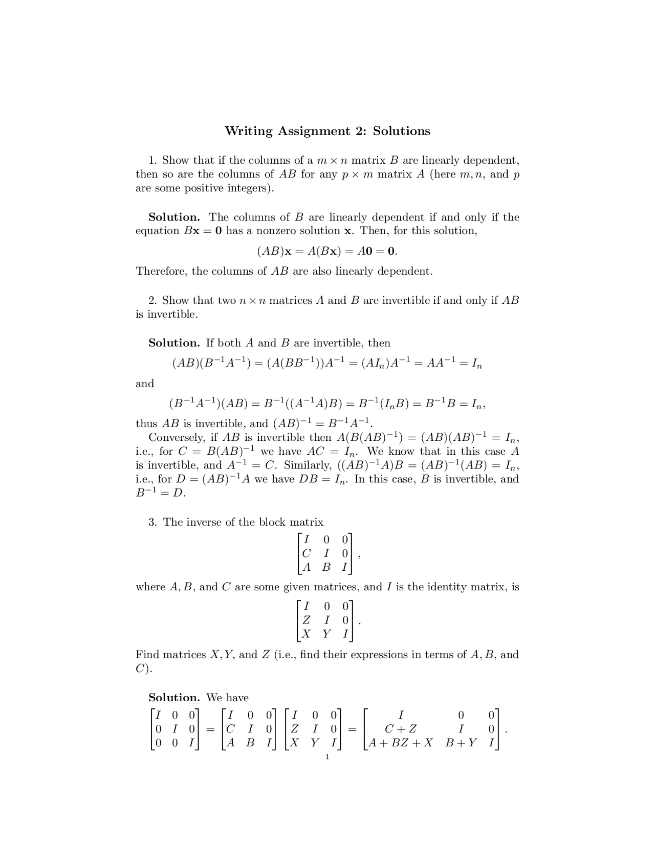 4 Solved Questions On Linear Algebra Math 201 Assignments Linear