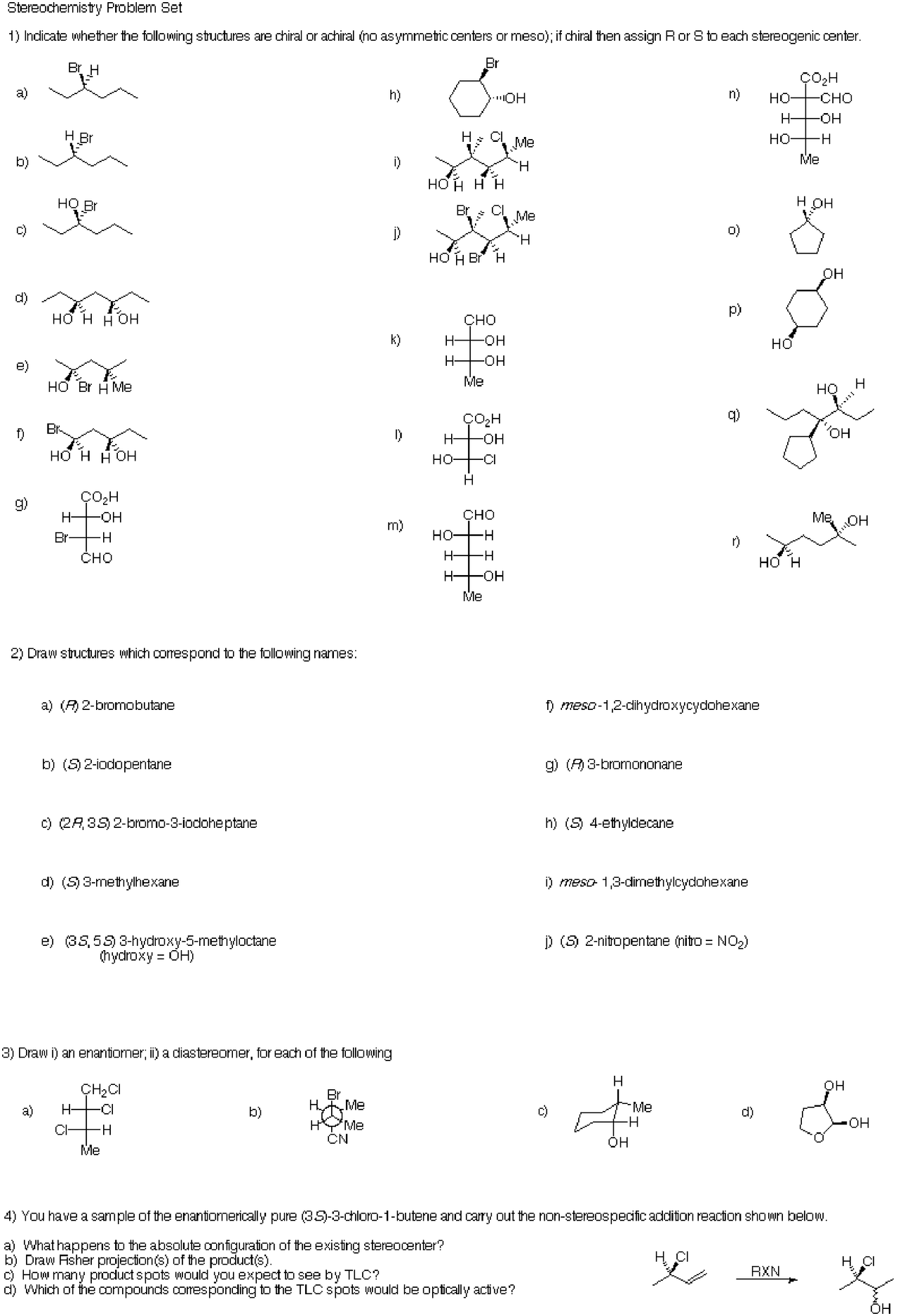 4 Problems On The Stereochemistry Homework Chem 211 Docsity