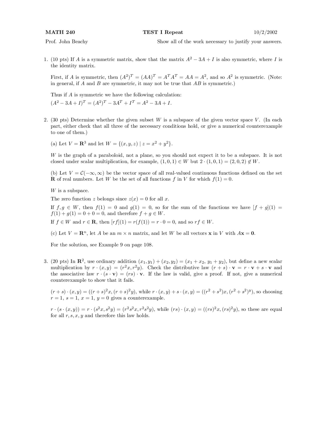 Solutions For Exam 1 Linear Algebra And Applications Math 240 Docsity