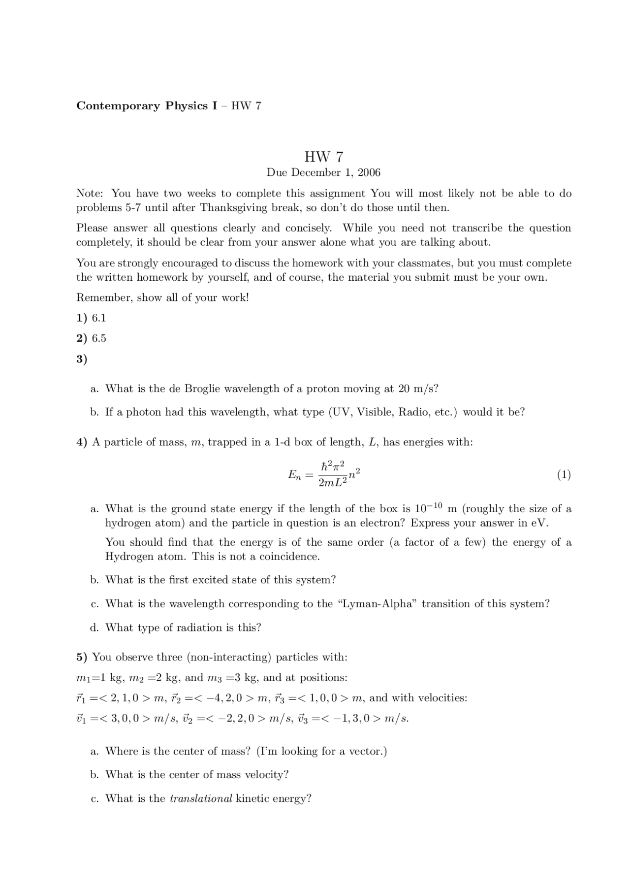 7 Questions on Contemporary Physics I - Homework 7 | PHYS 113 | Assignments Physics | Docsity