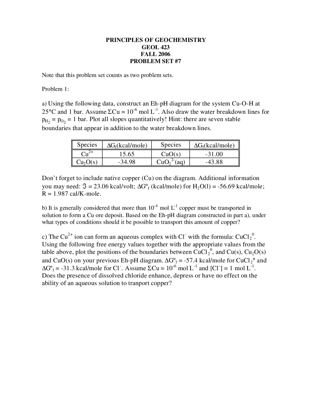 Problem Set 7 Principles Of Geochemistry Geol 423 Docsity