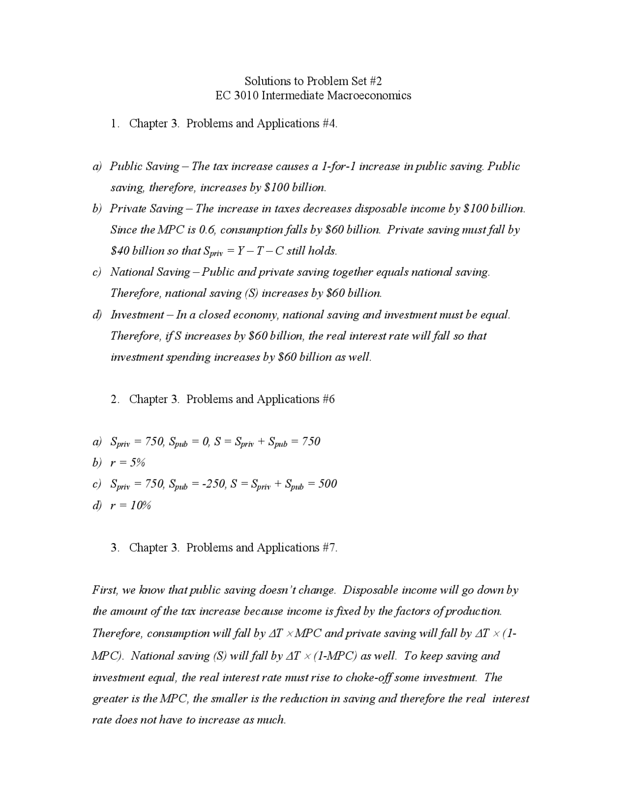 Solutions For Problem Set 2 Intermediate Macroeconomics Econ 3010