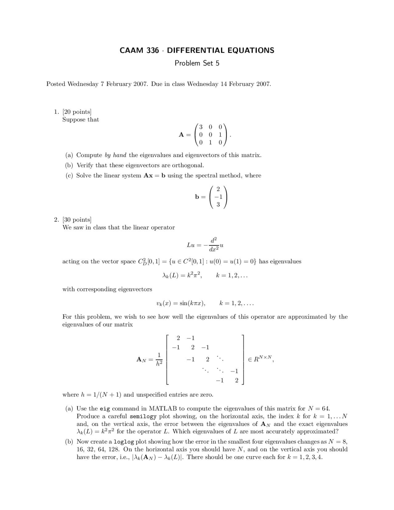 Differential Equations In Science Problem Set 5 Caam 336 Docsity