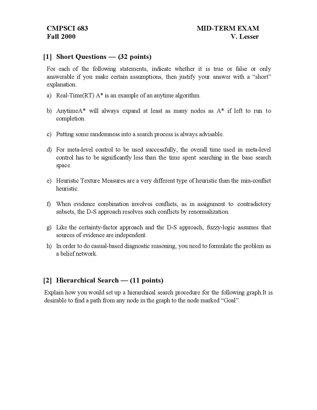 Sample Midterm Examination Artificial Intelligence Cmpsci 683 Docsity