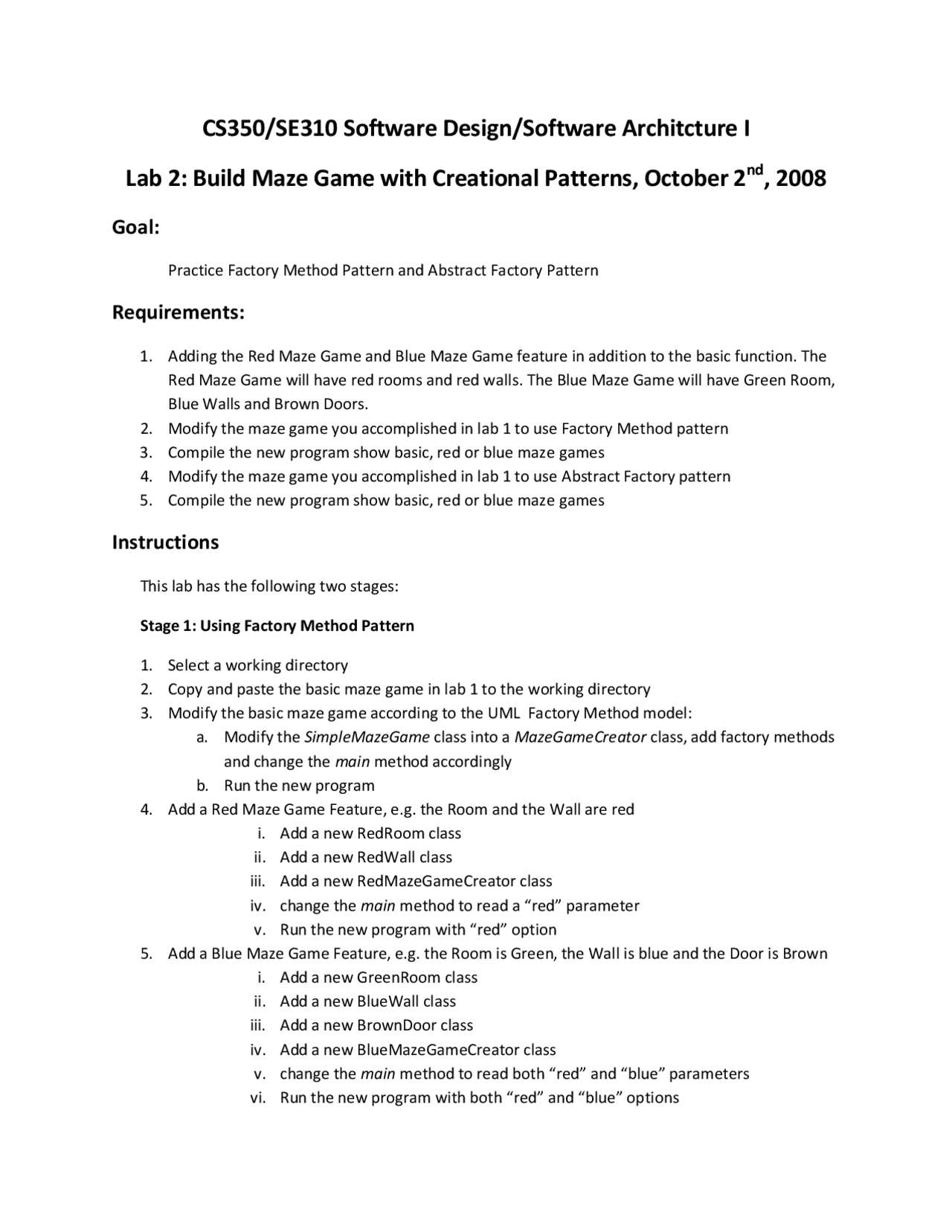 Lab #2 - Build Maze Game with Creational Patterns | CS 350 - Docsity