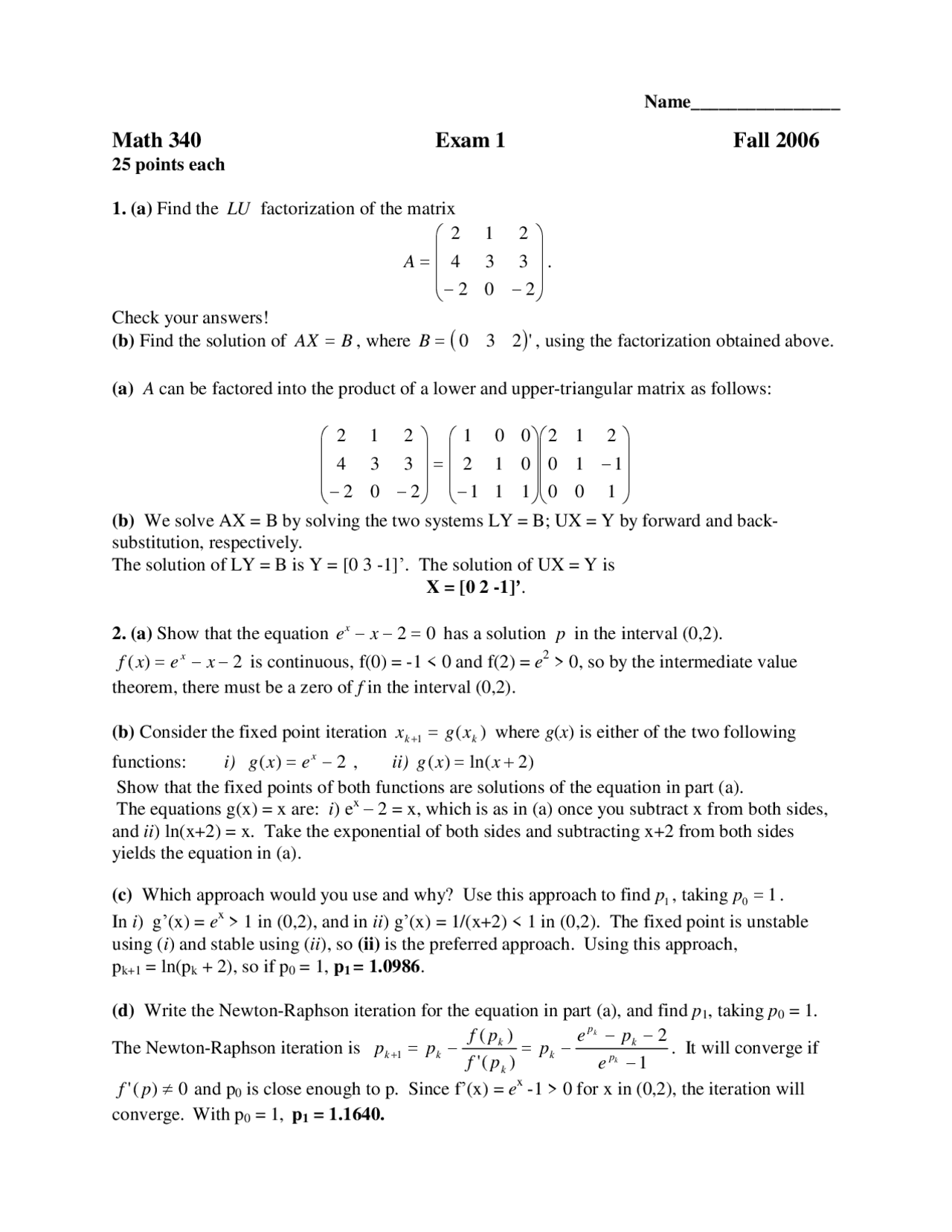 4 Questions With Solution Of Numerical Analysis Exam 1 Math 340