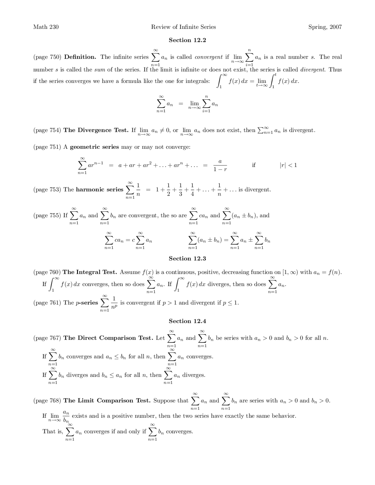 Review Infinite Series - Calculus II - Review Sheet | MATH 230 | Study ...