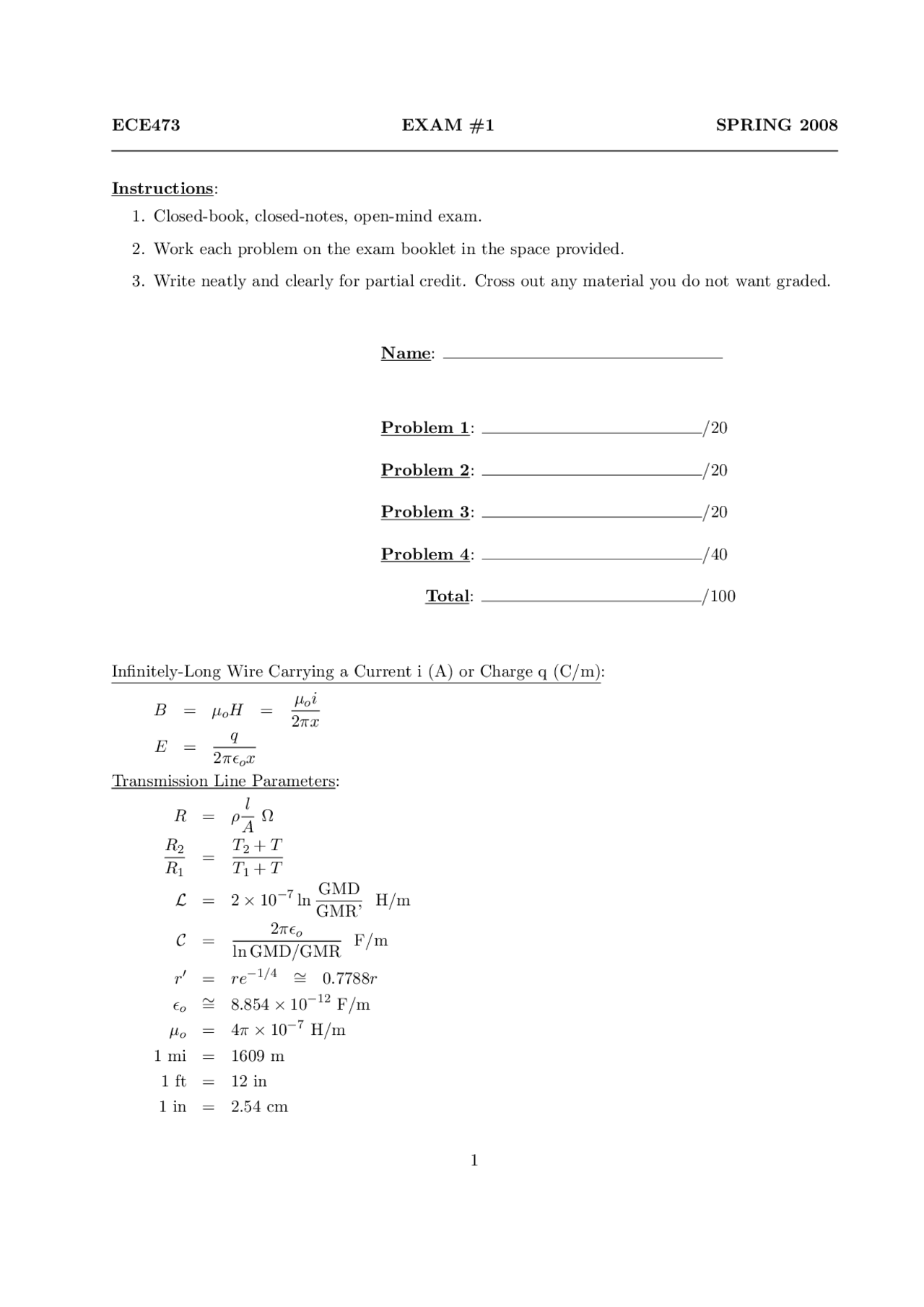 Power System Analysis I - Final Exam 1 with Solution | ECE 473 - Docsity