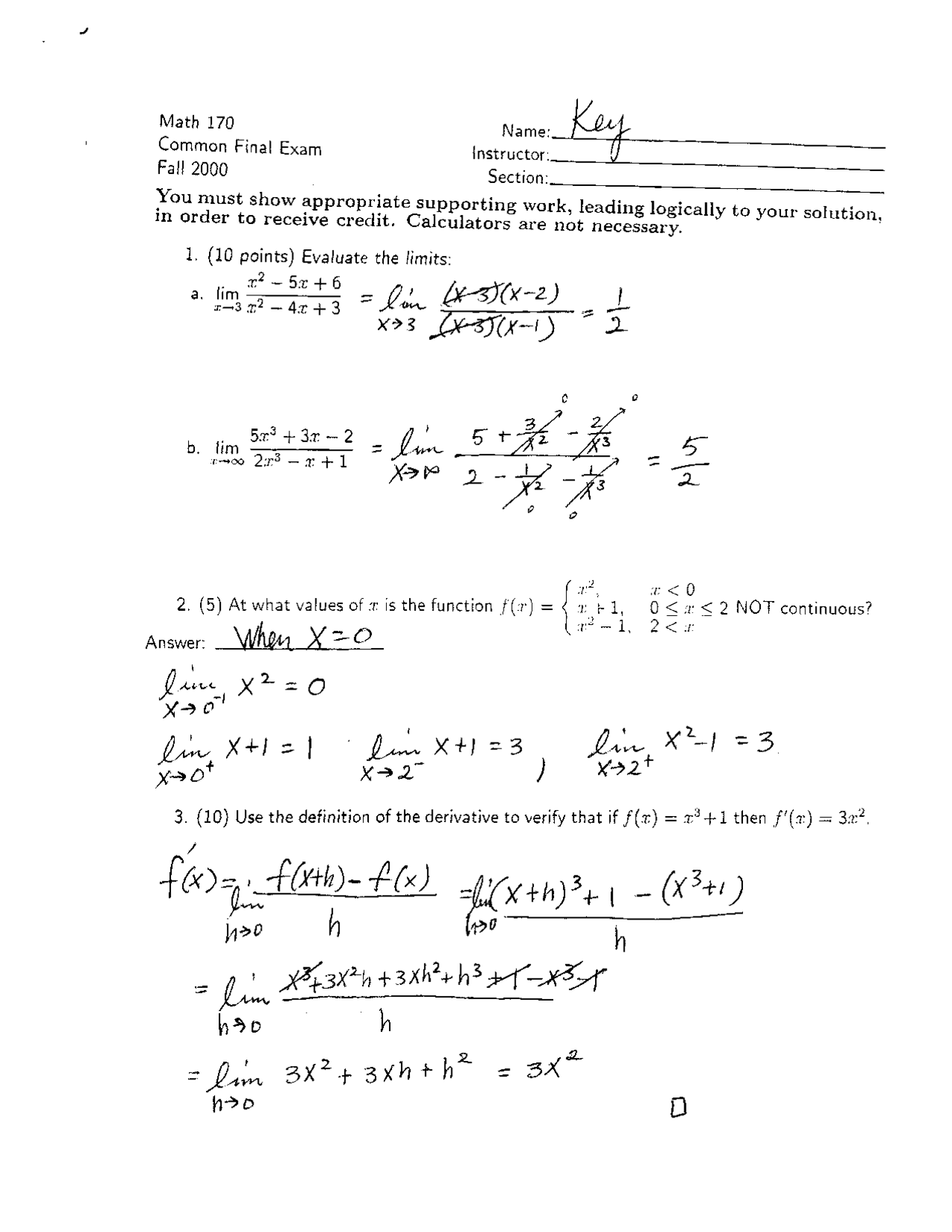 Solution of Past Final Exam - Analytical Geometry and Calculus I - Fall 2000 | MATH 170 | Exams ...