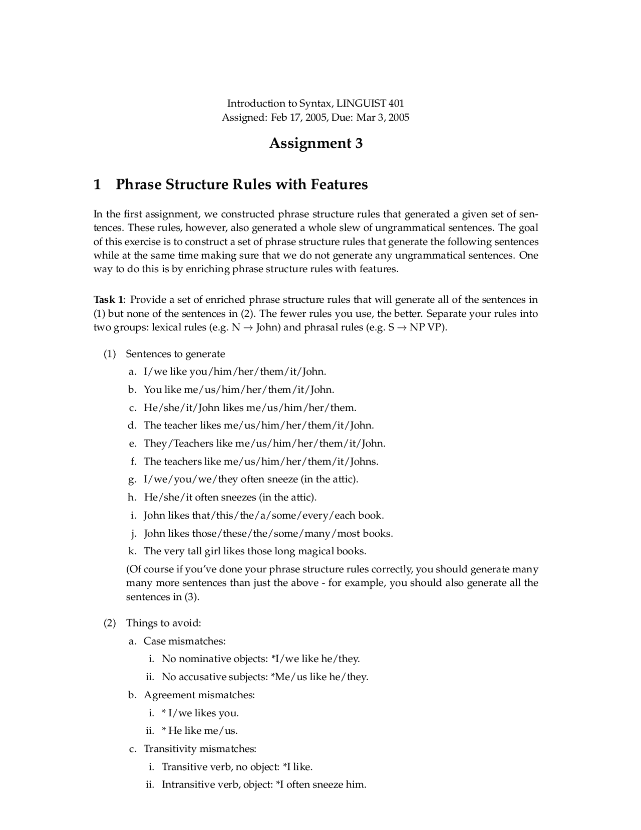 Assignment 3: Phrase Structure Rules with Features | LINGUIST 401 - Docsity