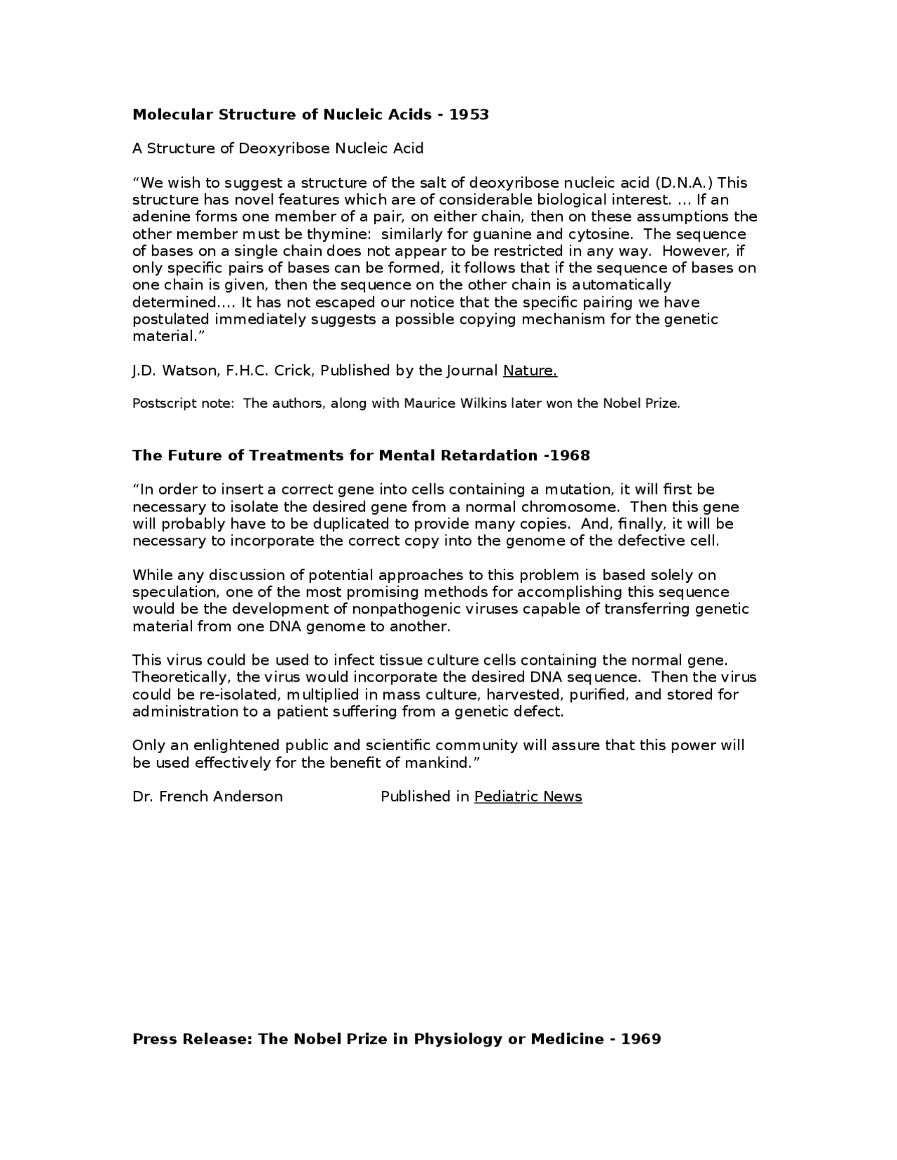 Molecular Structure Of Nucleic Acids Lecture Notes Bioe 301 Docsity