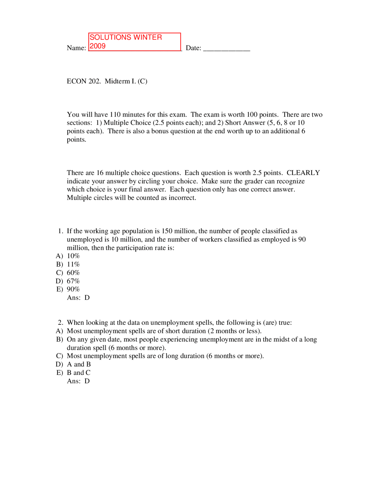 Midterm Exam 1 With Answer Key Principles Of Macroeconomics Econ
