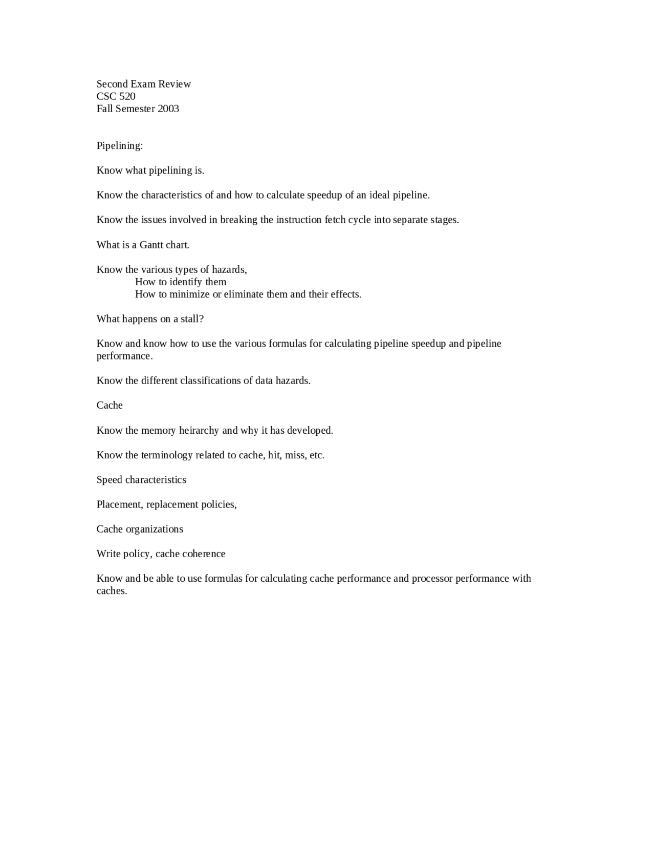 Second Exam Review Computer Architecture Csc 520 Docsity