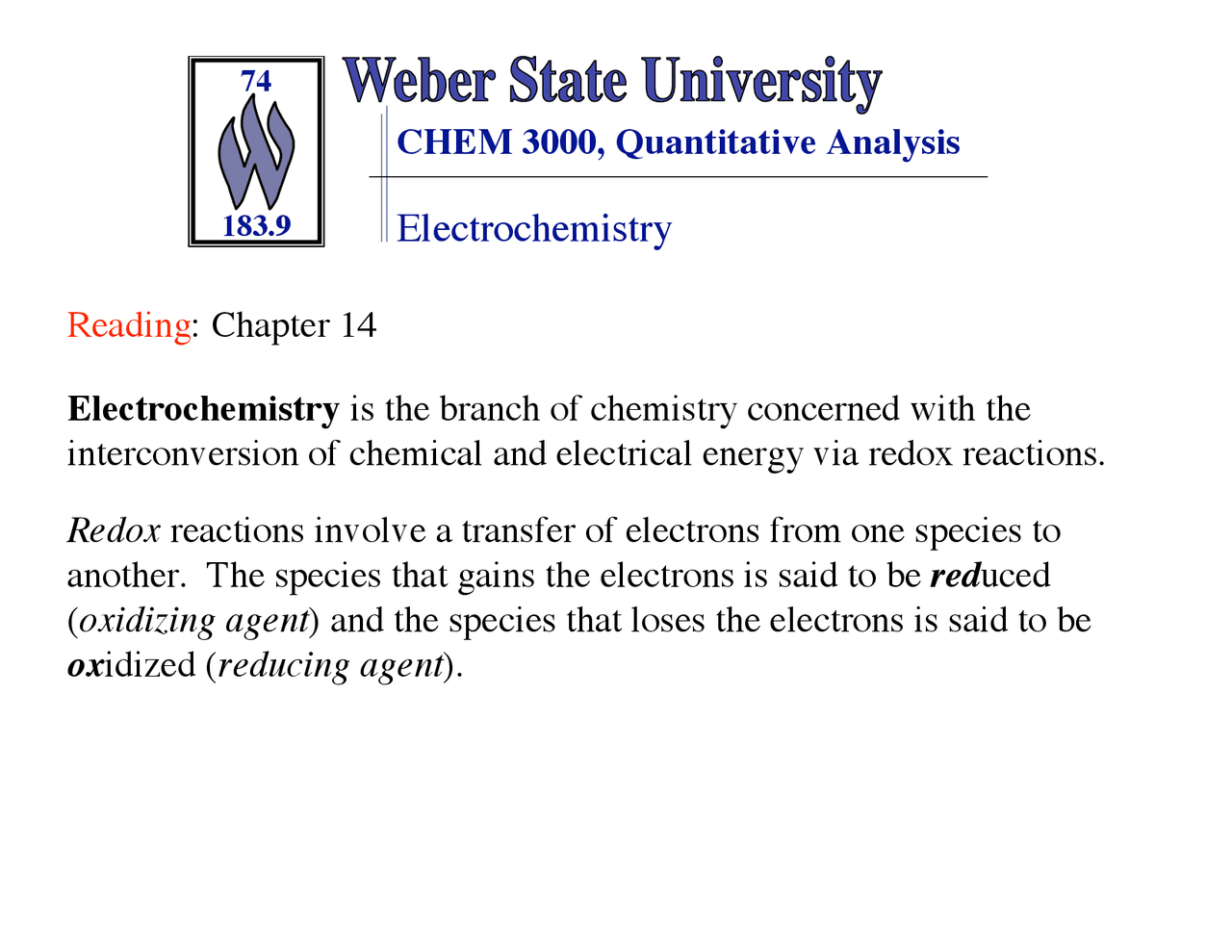 Electrochemistry Lecture Slides Chem 3000 Docsity