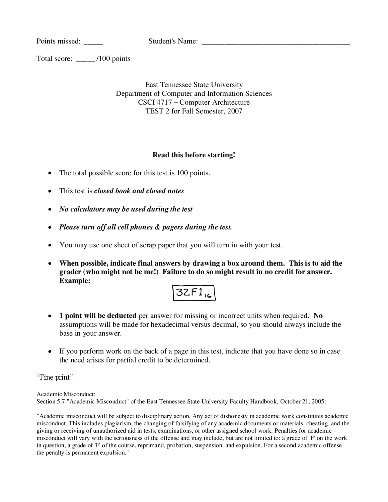 Computer Architecture Old Exam 2007 Csci 4717 Docsity