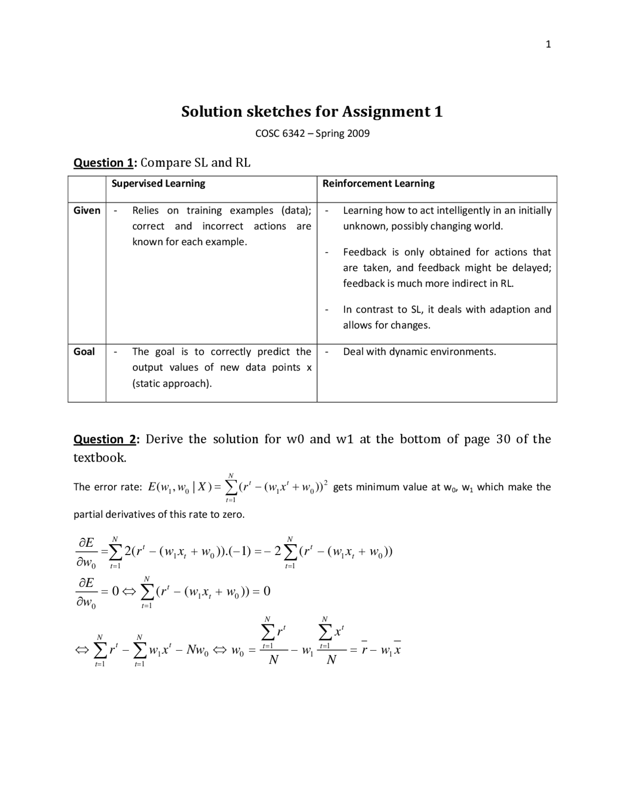 Solution Sketches For Assignment 1 Machine Learning Cosc 6342 Docsity