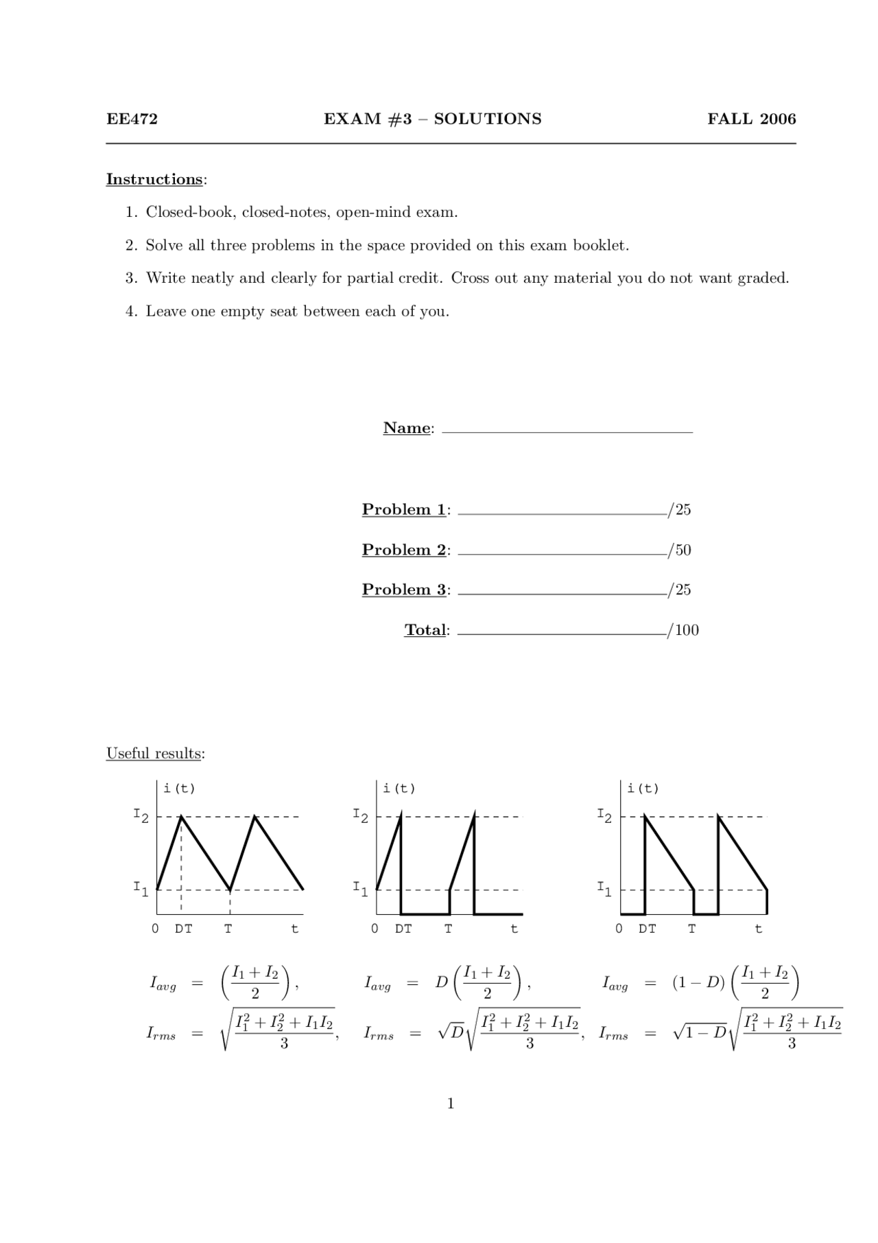 Past Examination 3 With Solutions Power Electronics Ece 472 Docsity