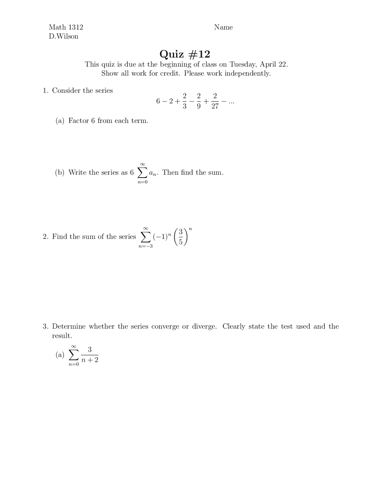 4 Questions On Calculus Ii Quiz 12 Math 1312 Docsity