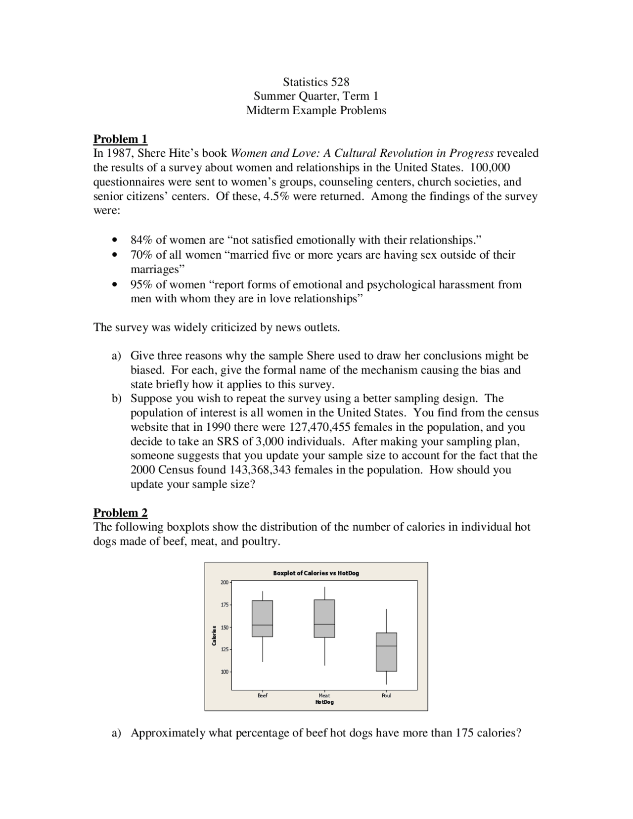 Midterm Example Problems For Data Analysis I Stat 528 Docsity