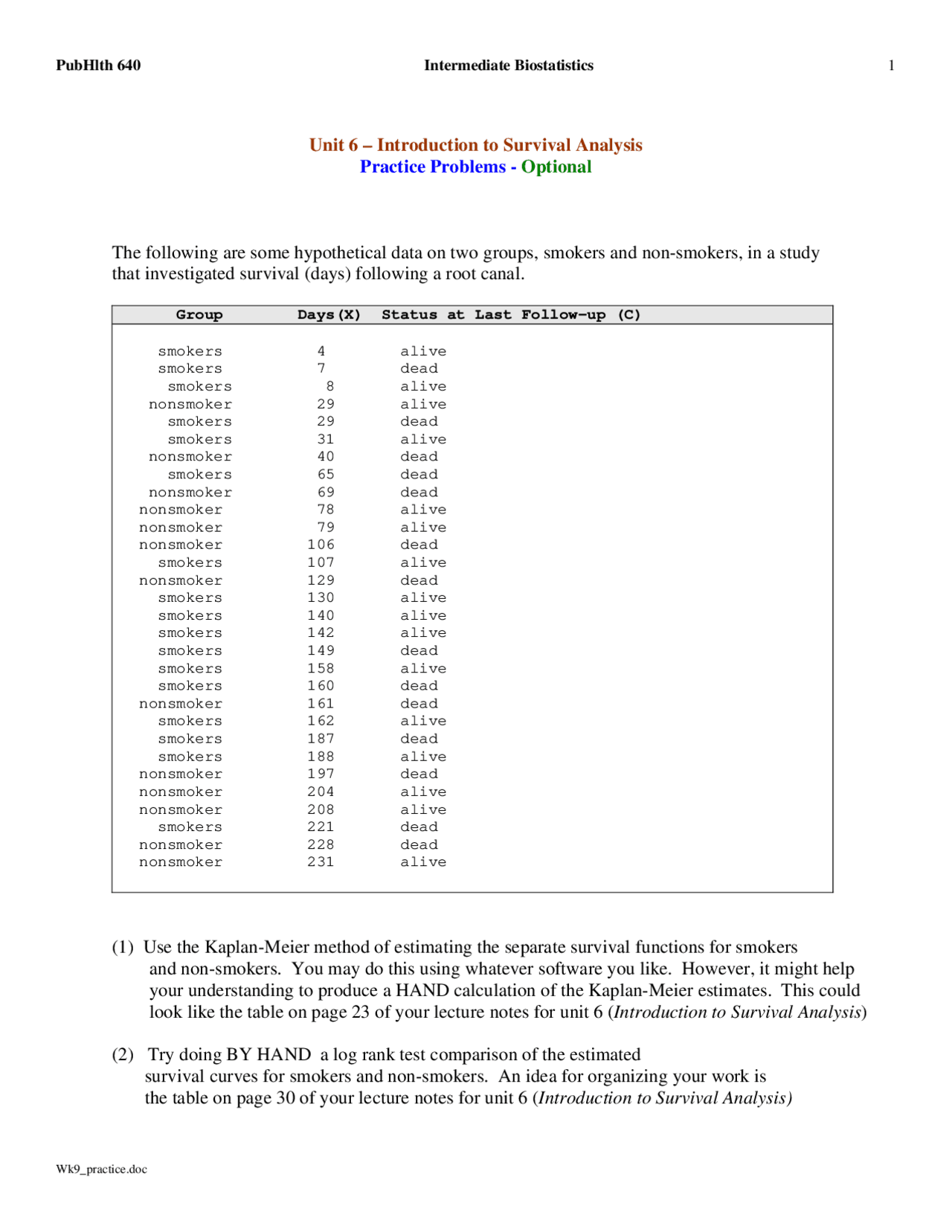 Introduction To Survival Analysis Lecture Notes Pubhlth 640 Docsity