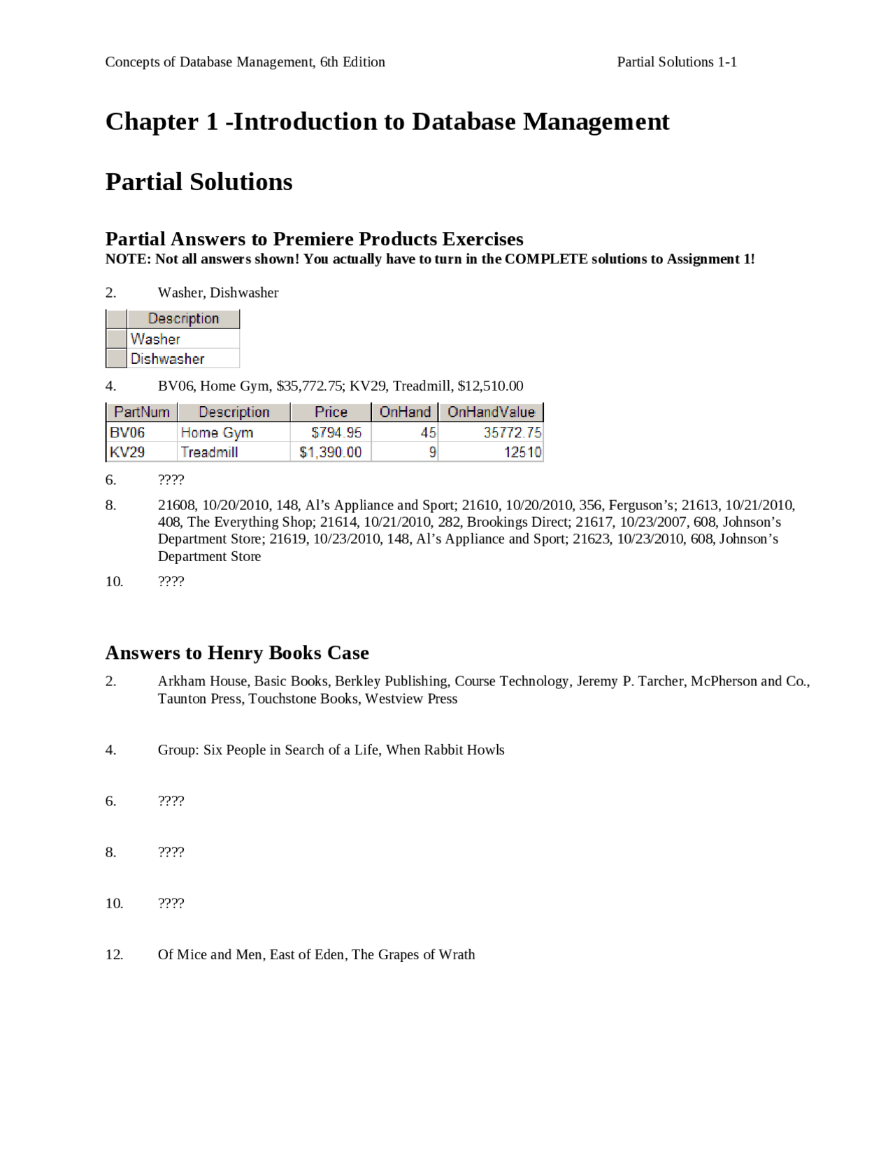 Partial Solutions For Introduction To Database Management Bcis 4660