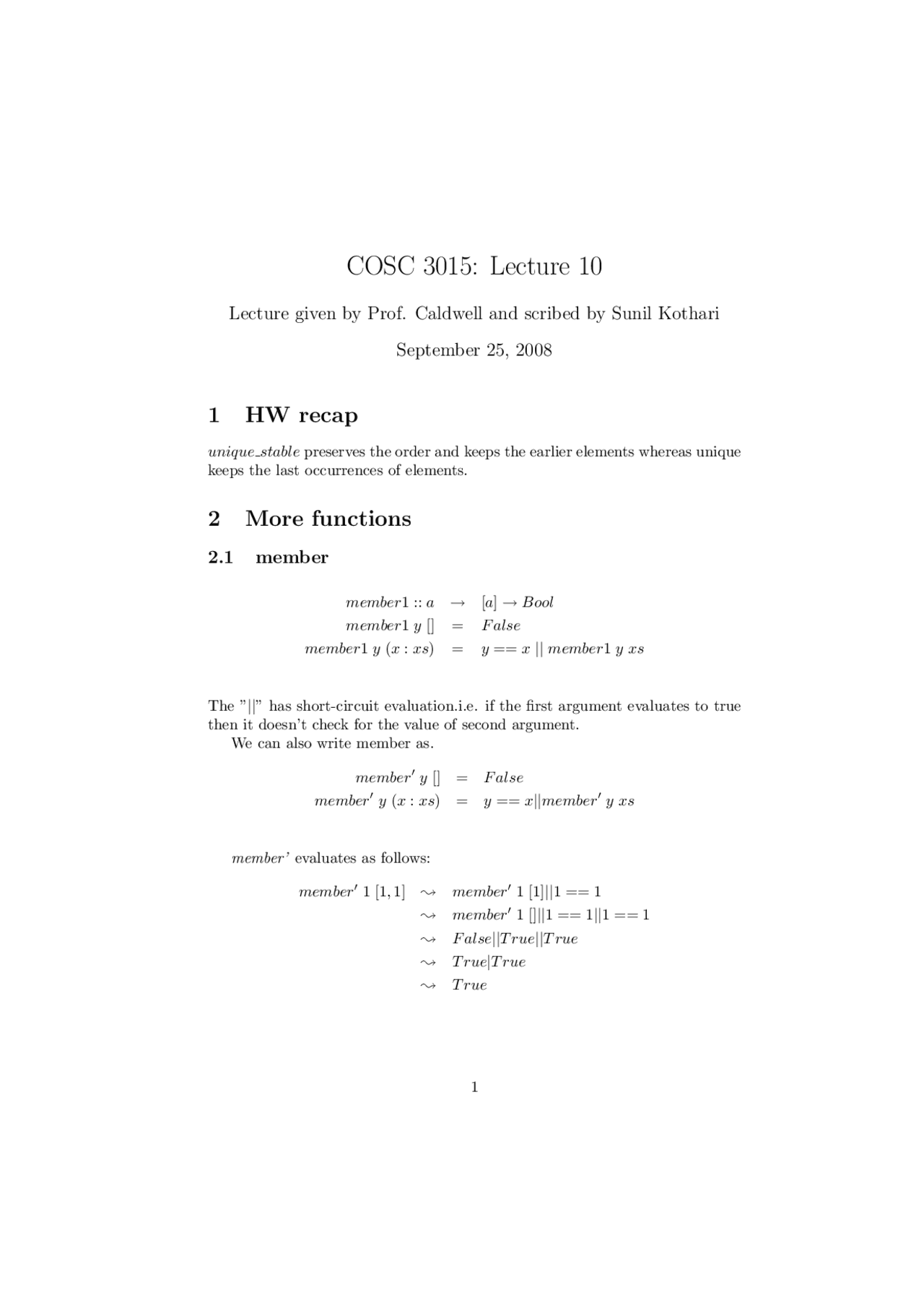 Functional Programming Assignment Solutions Fall 2008 Cosc 3015 Docsity
