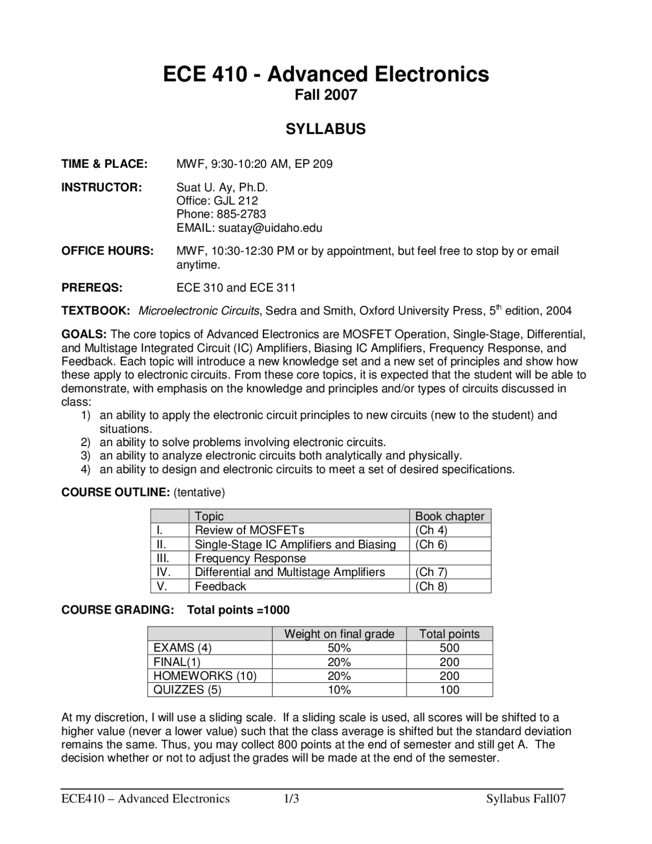 Syllabus Outline Advanced Electronics Ece 410 Docsity