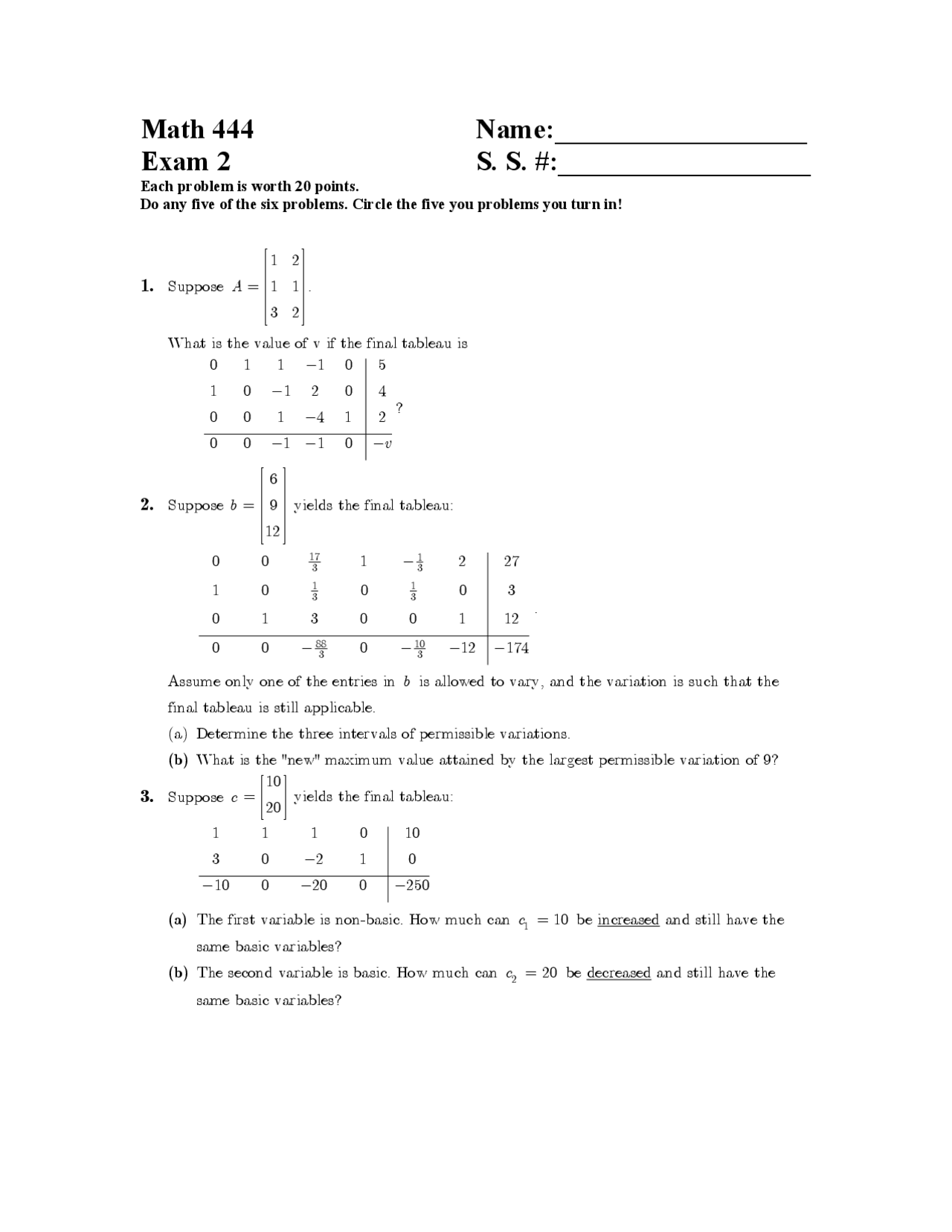 Practice Exam 2 Linear Programming And Network Flows Math 444 Docsity