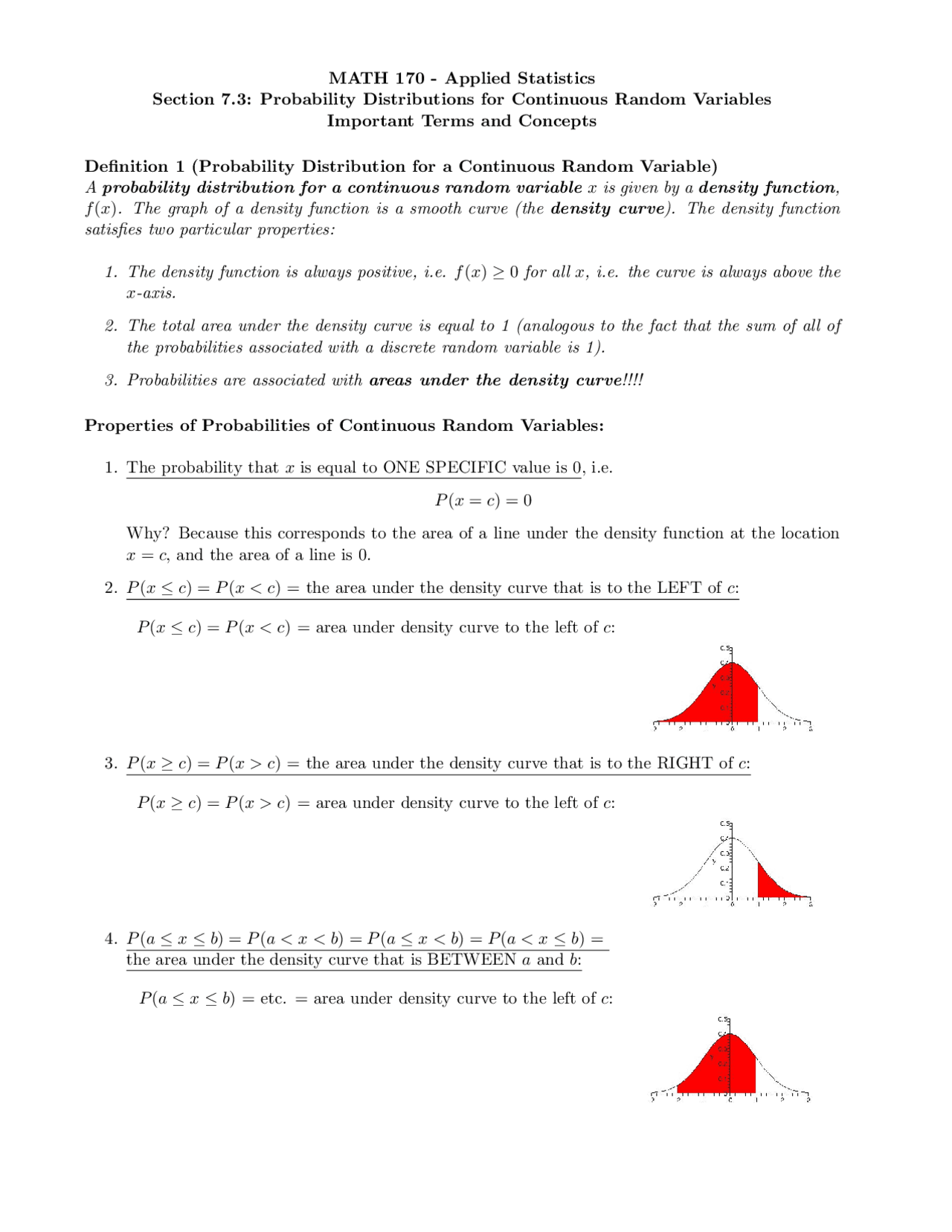 Probability Distributions for Continuous Random Variables Important ...