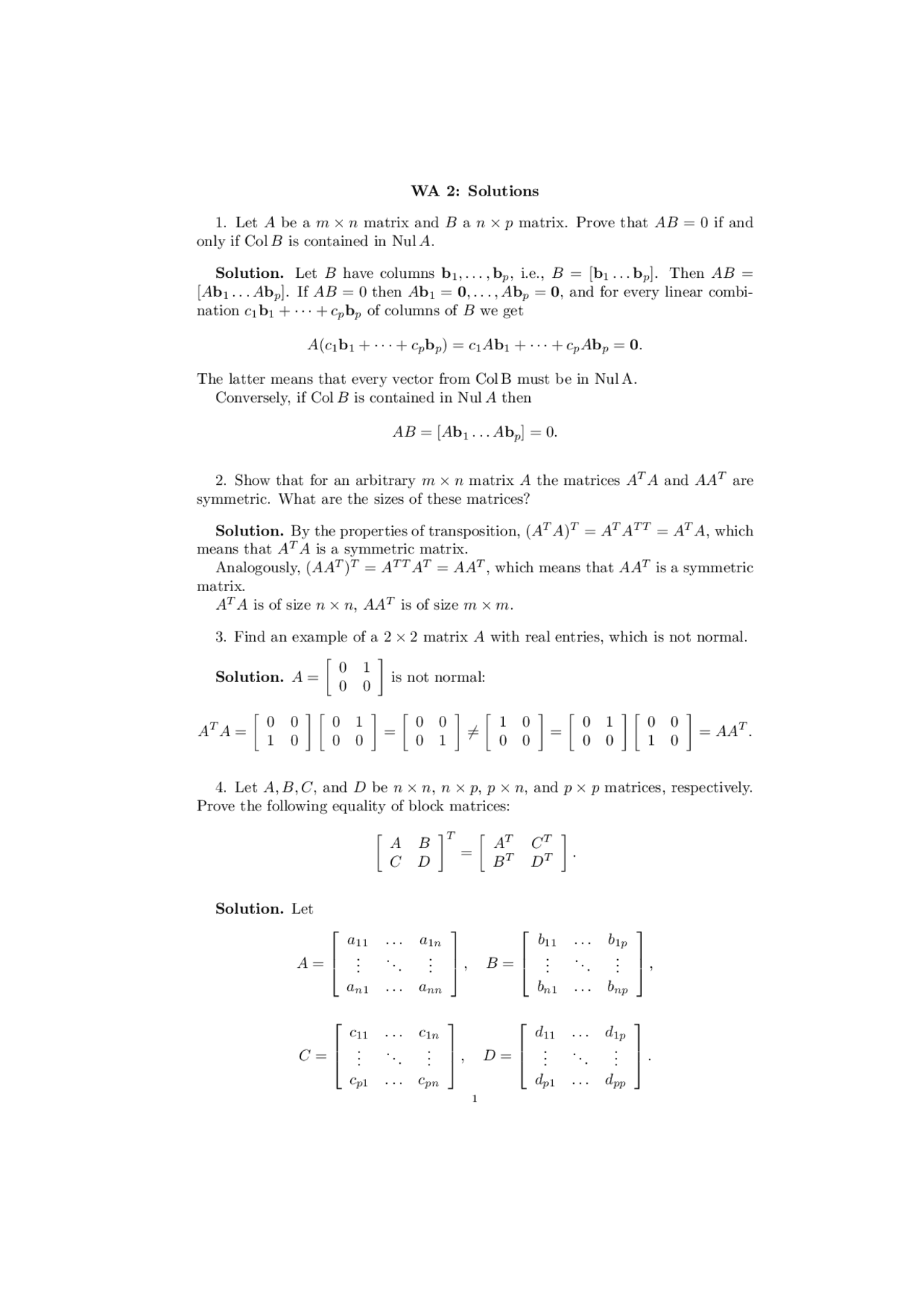 Solved Questions For Linear Algebra Assignment Ii Math 201 Docsity