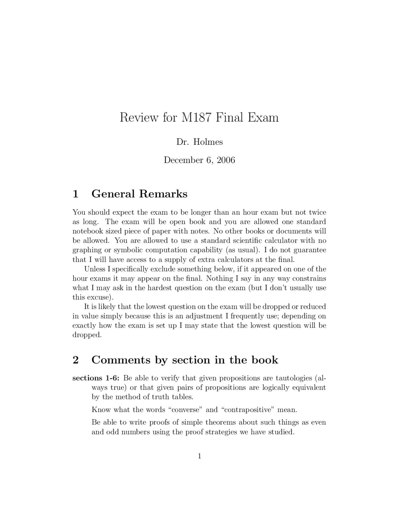 Review For Final Exam Discrete And Foundational Mathematics I Math