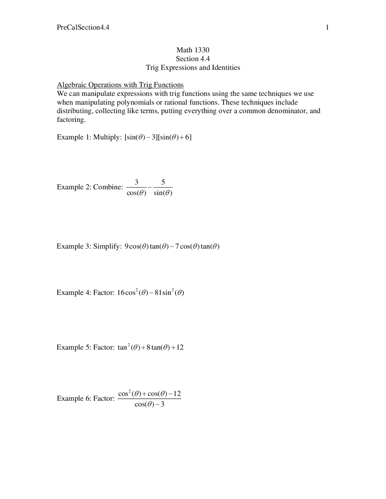 27 Questions on Trip Expression and Identities | MATH 1330 - Docsity