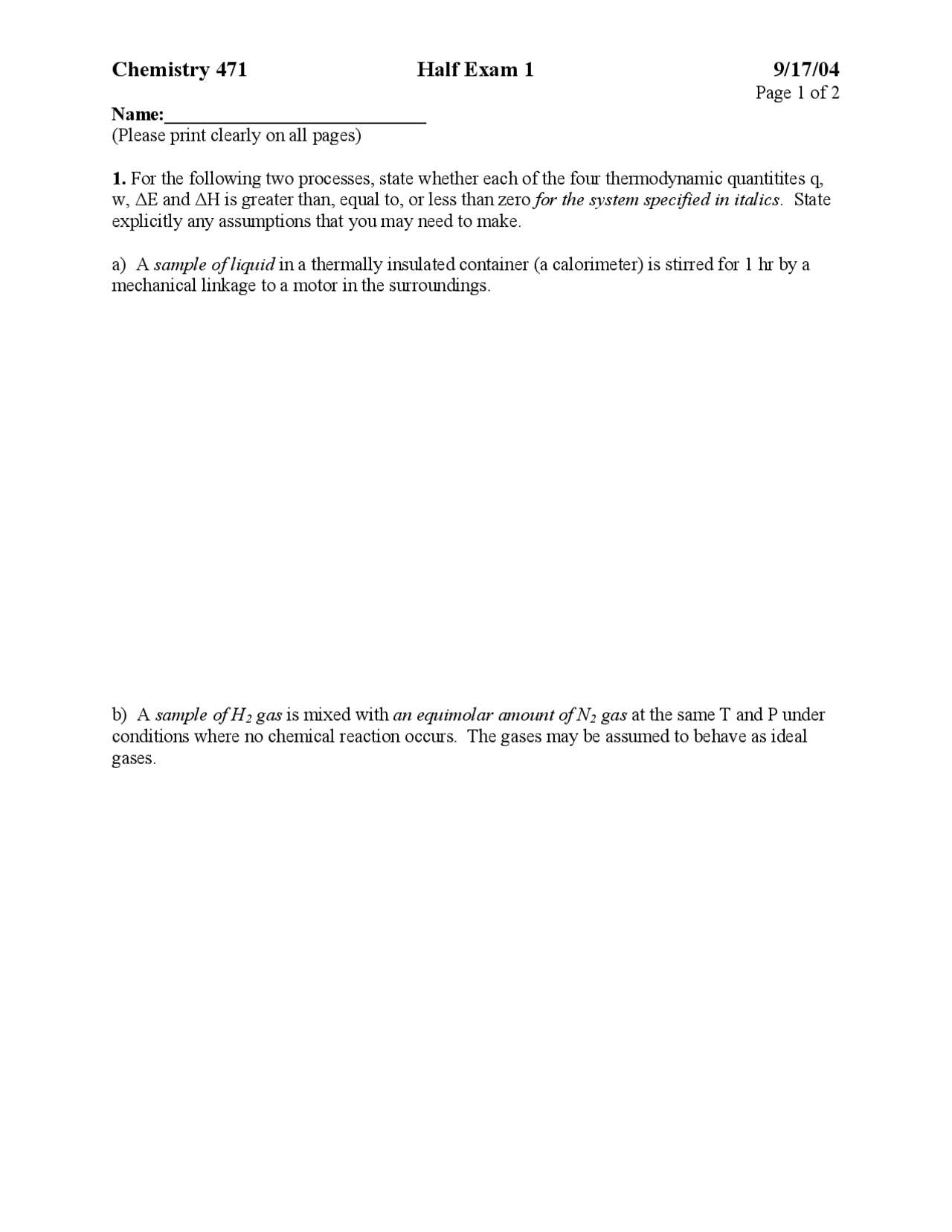 Practice Exam 1 Elementary Physical Chemistry Chem 471 Docsity