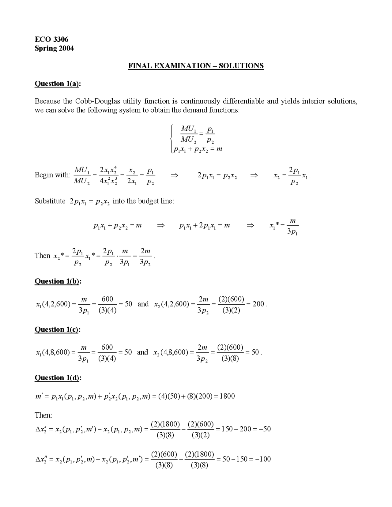 Solutions For Final Exam Intermediate Microeconomic Analysis Eco