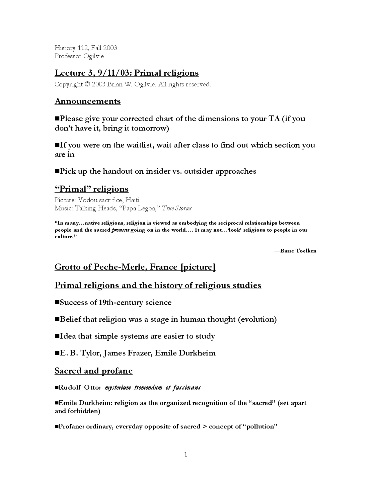 Primal Religion - Introduction to World Religions - Handout | HISTORY ...
