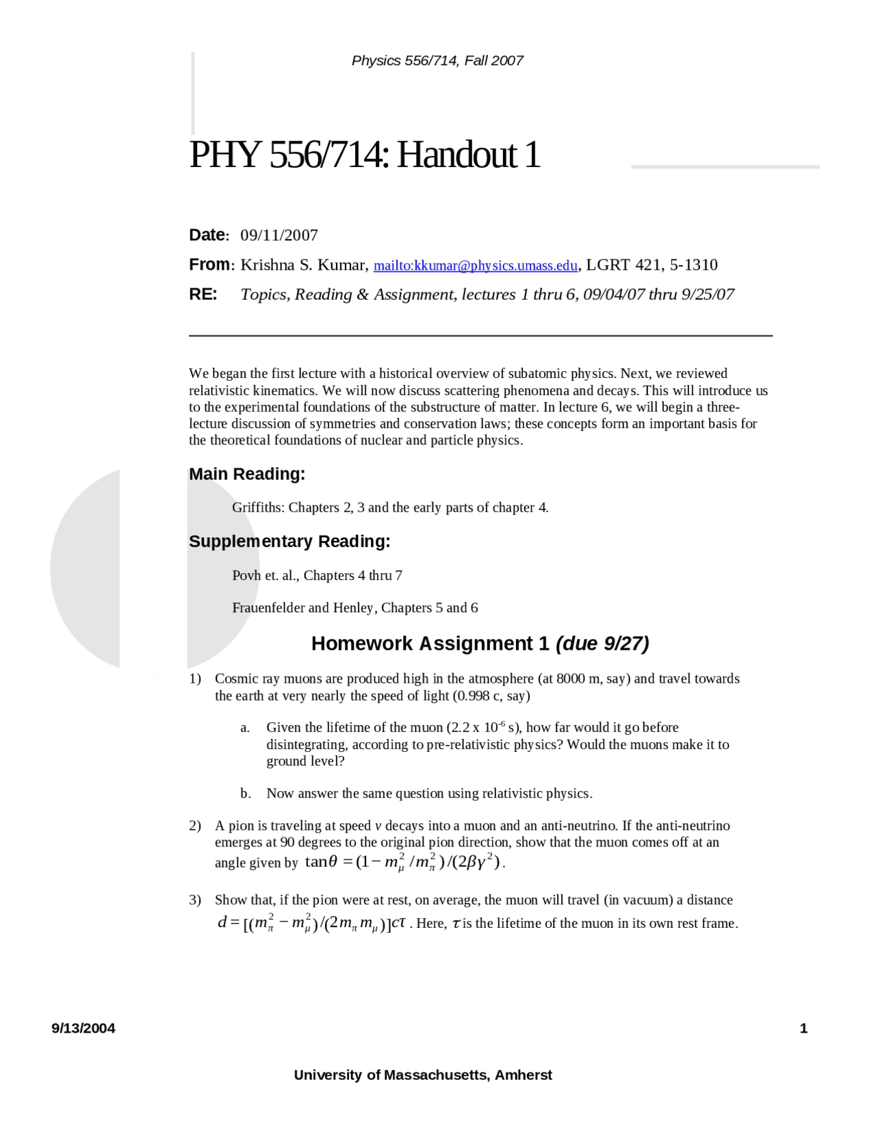 Nuclei And Elementary Particles Assignment 1 Questions Physics 556