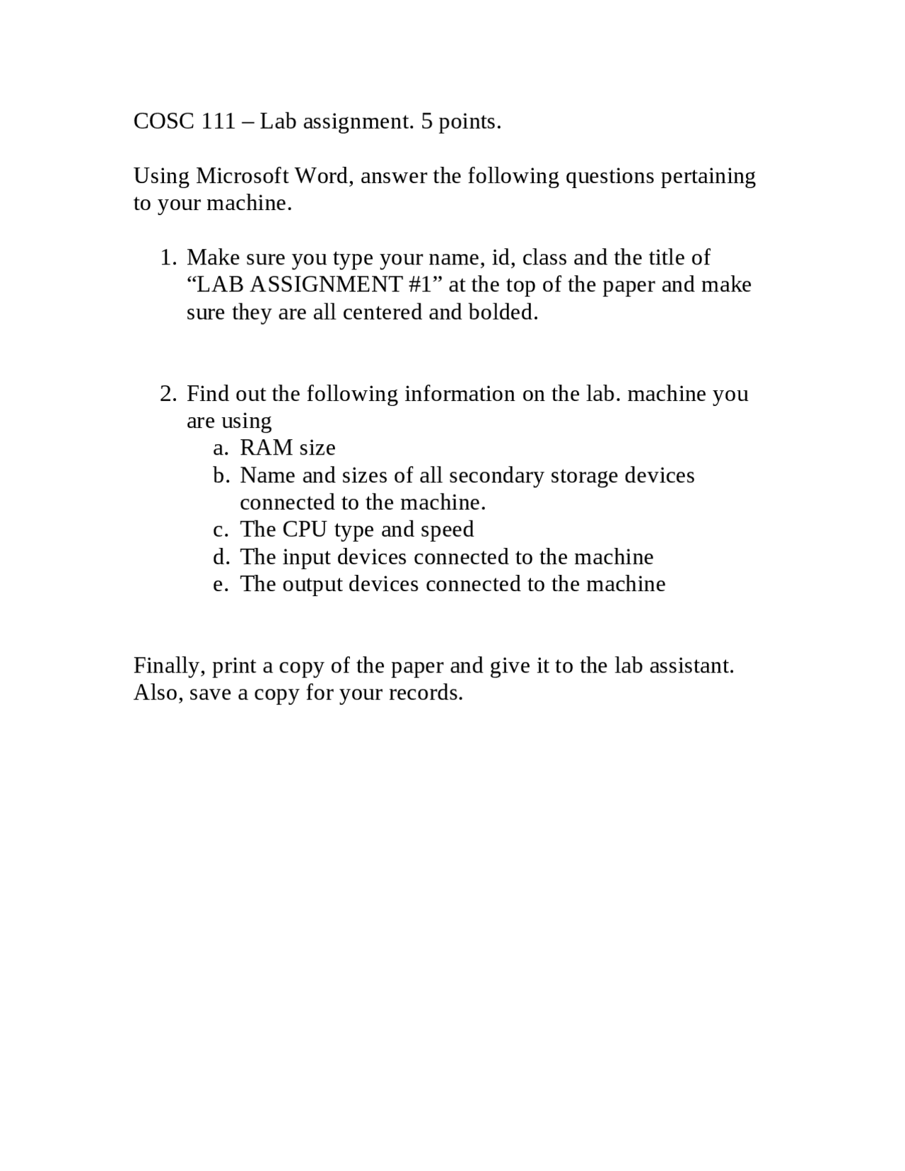 Lab Homework Introduction To Programming Cosc 111 Docsity