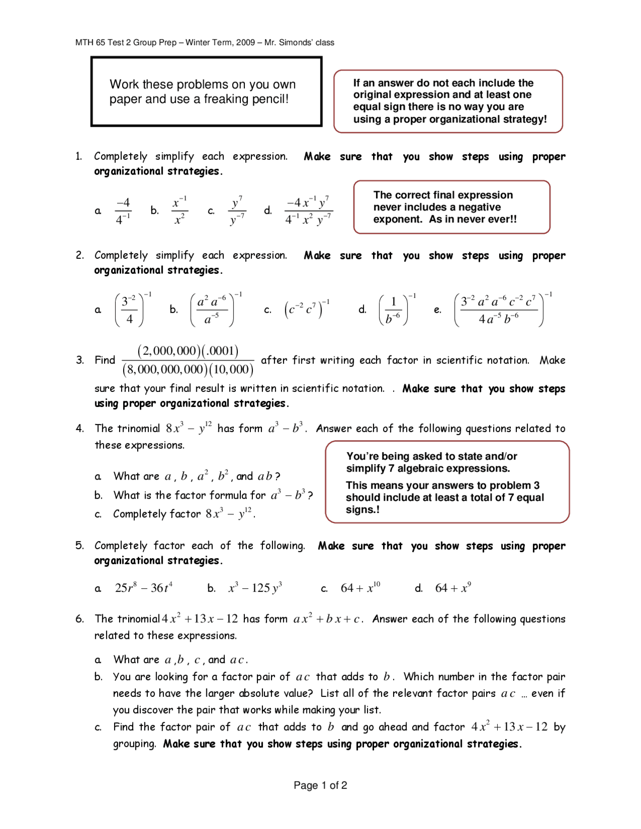 MTH 65 Test 2 Group Prep - Algebraic Expressions and Factoring | Exams ...
