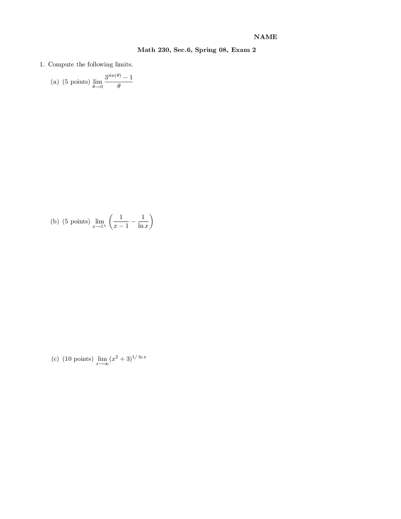 Sample Questions For Exam 1 Calculus Ii Math 230 Docsity