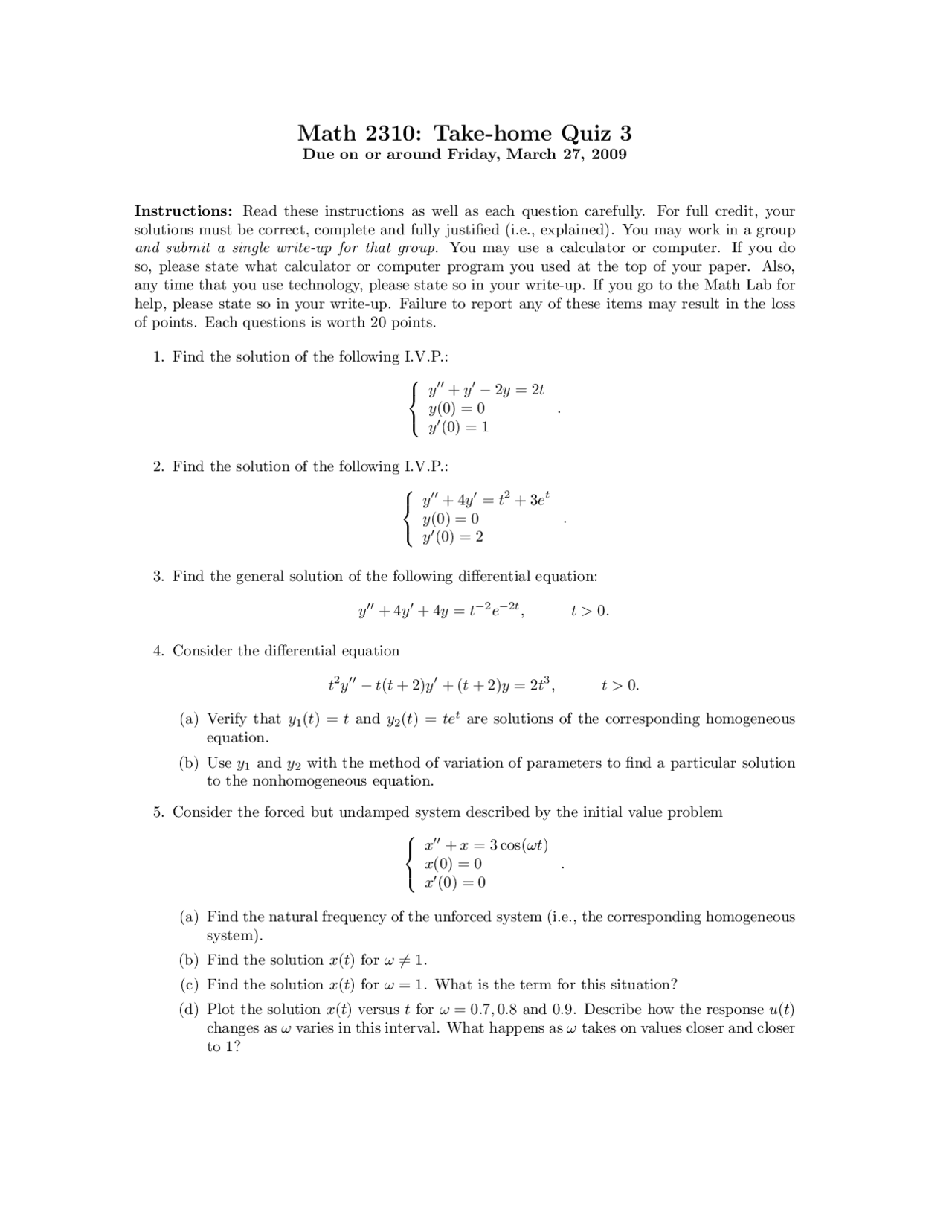 Take Home Quiz 3 Applied Differential Equations I Math 2310 Docsity