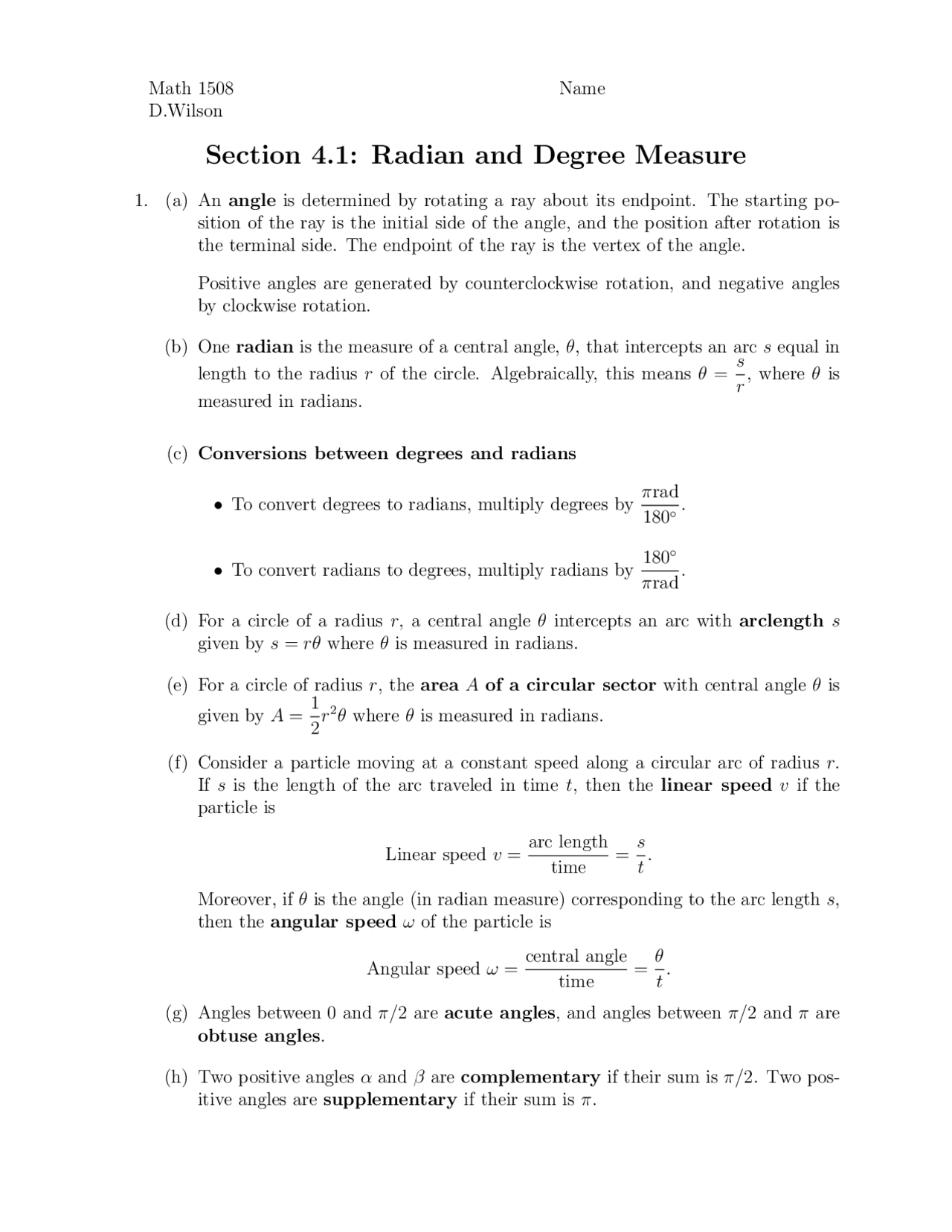 Radian and Degree Measure - Homework Problems | MATH 1508 - Docsity