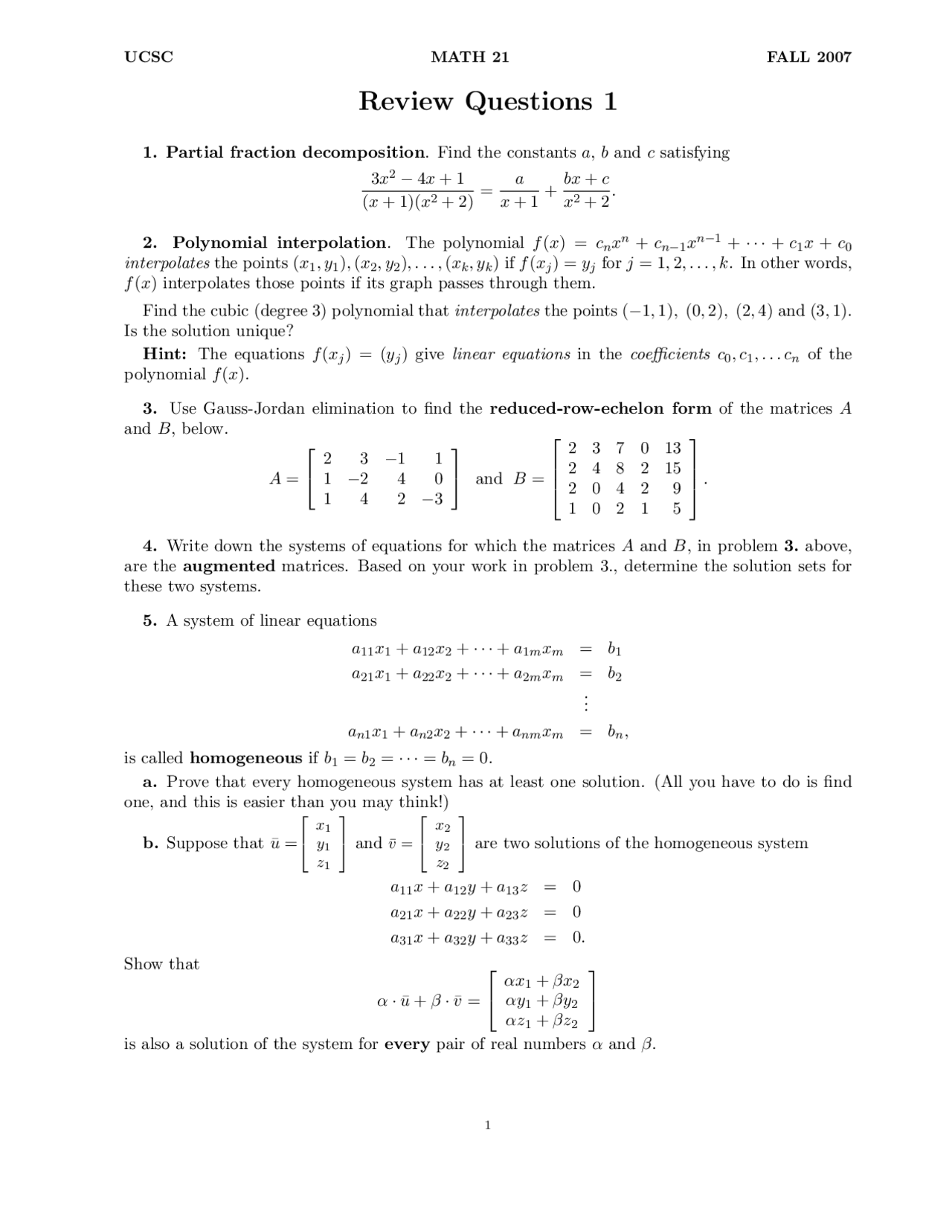 Review Sheet For Exam Linear Algebra Math 21 Docsity
