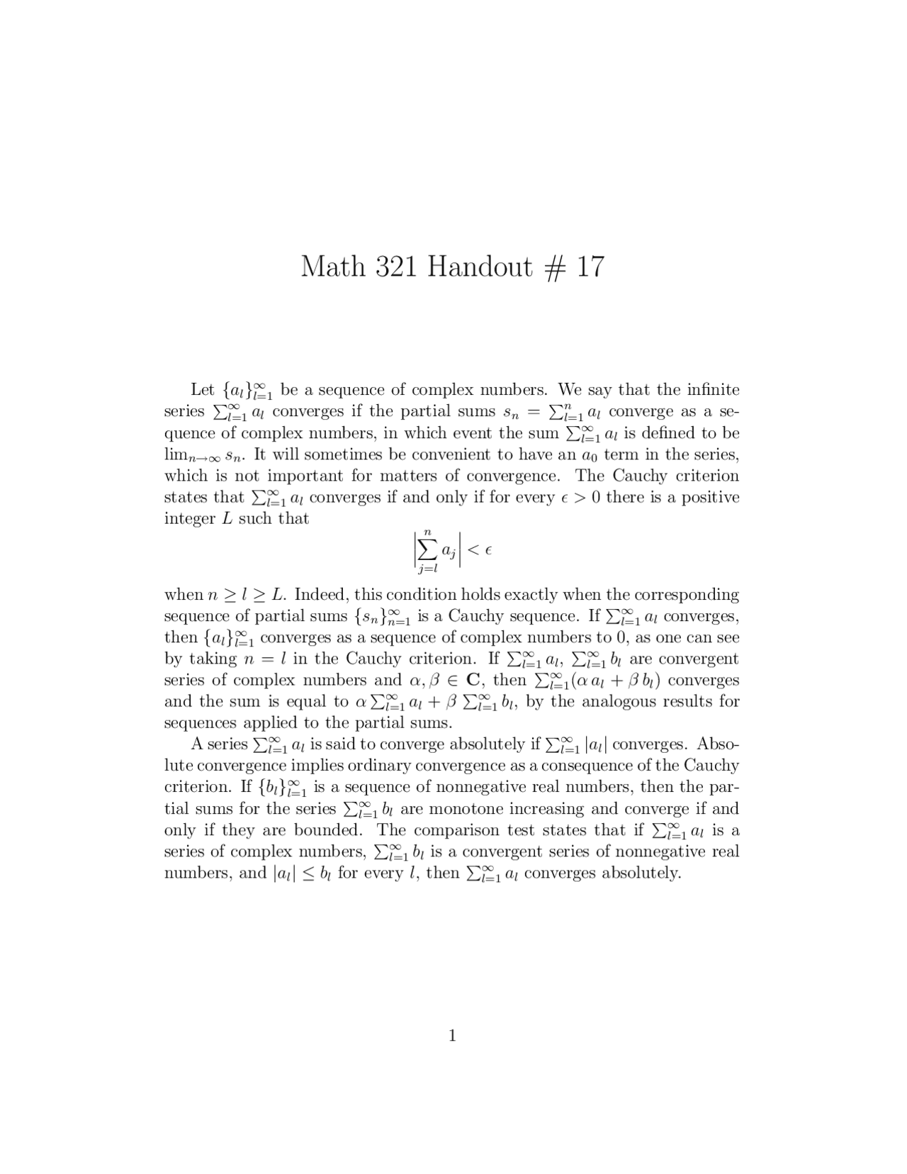 Introduction To Analysis I Handout 17 Math 321 Docsity