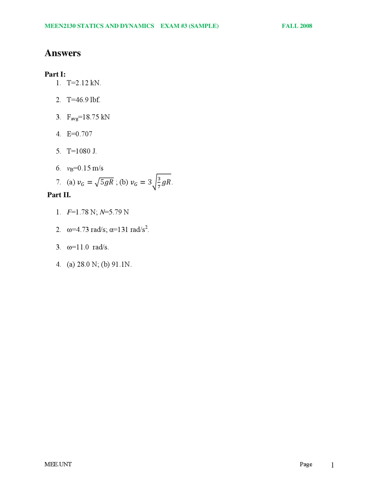 11 Questions With Answer Of Statics And Dynamics Exam 3 Meen 2130