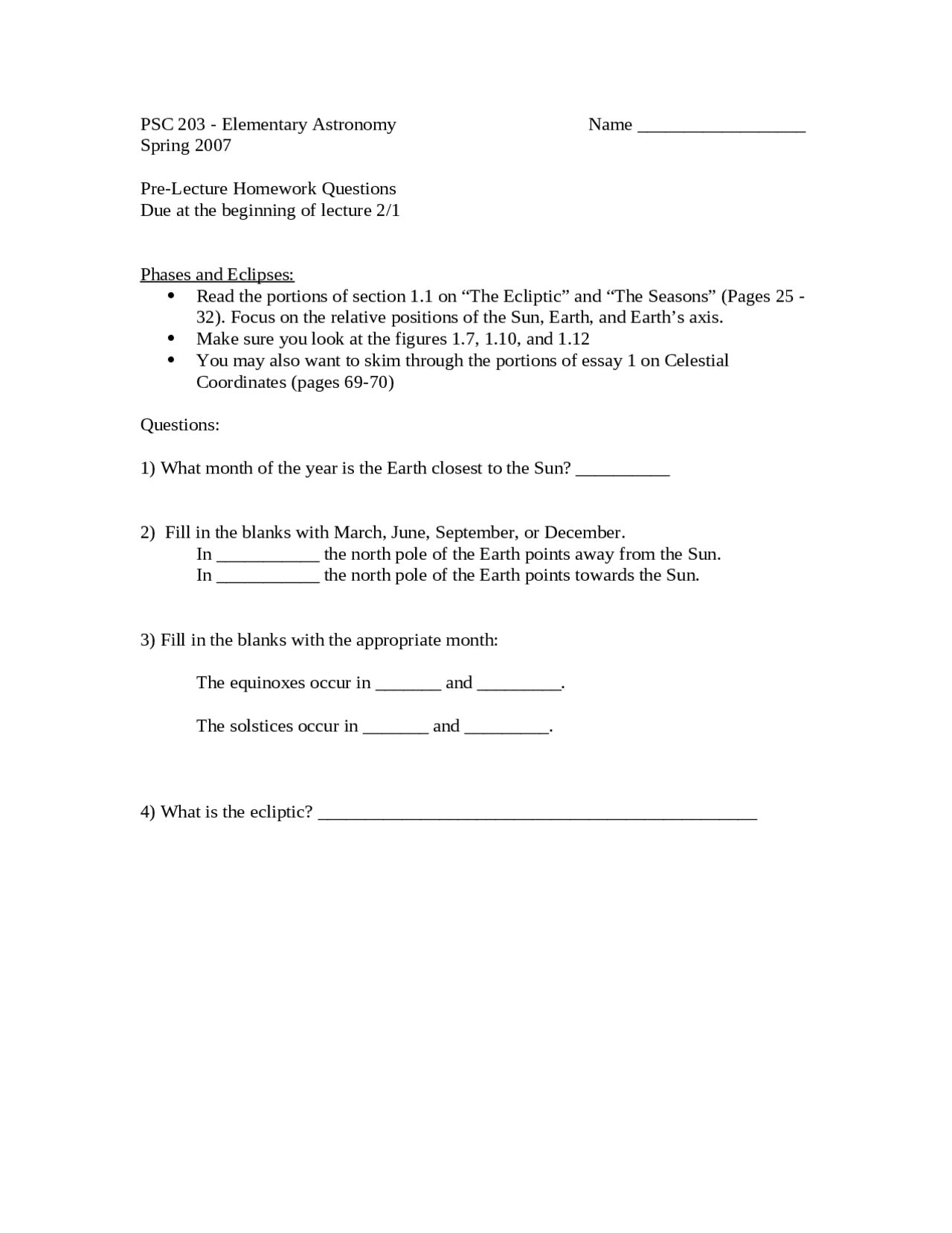 Phases And Eclipses For Assignment Elementary Astronomy Psc 203