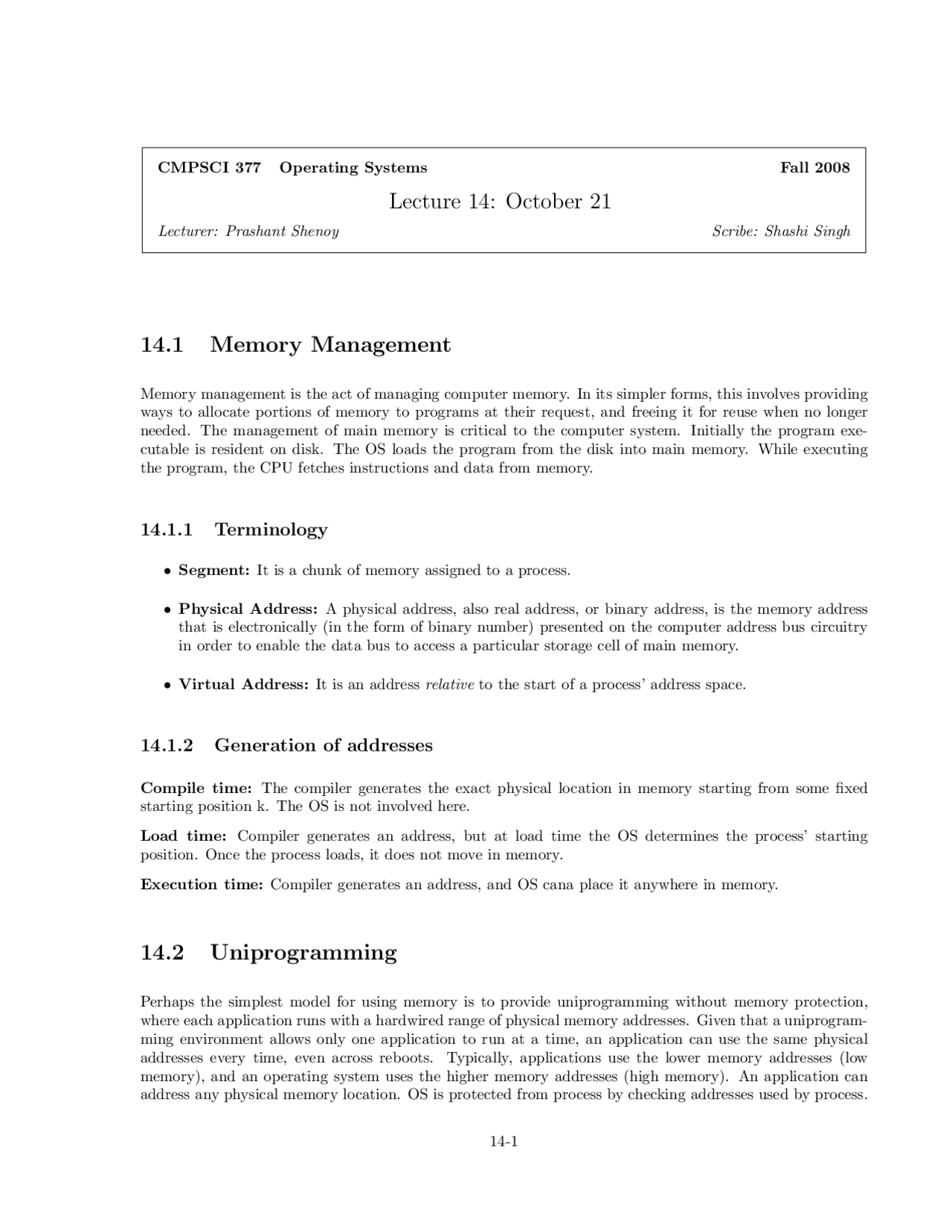 Operating Systems Memory Management Notes Cmpsci 377 Docsity