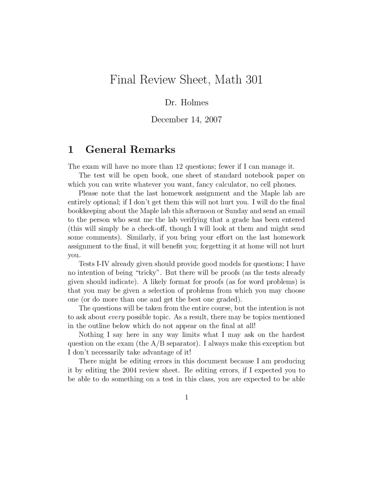 Final Exam Review Sheet - Introduction to Linear Algebra | MATH 301 - Docsity