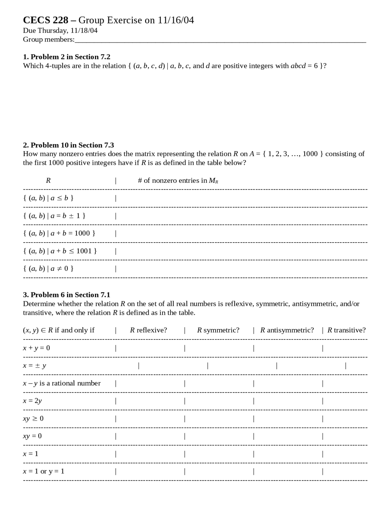 Group Exercise on Discrete Structures and Computer Science Applications | CECS 228 | Assignments ...