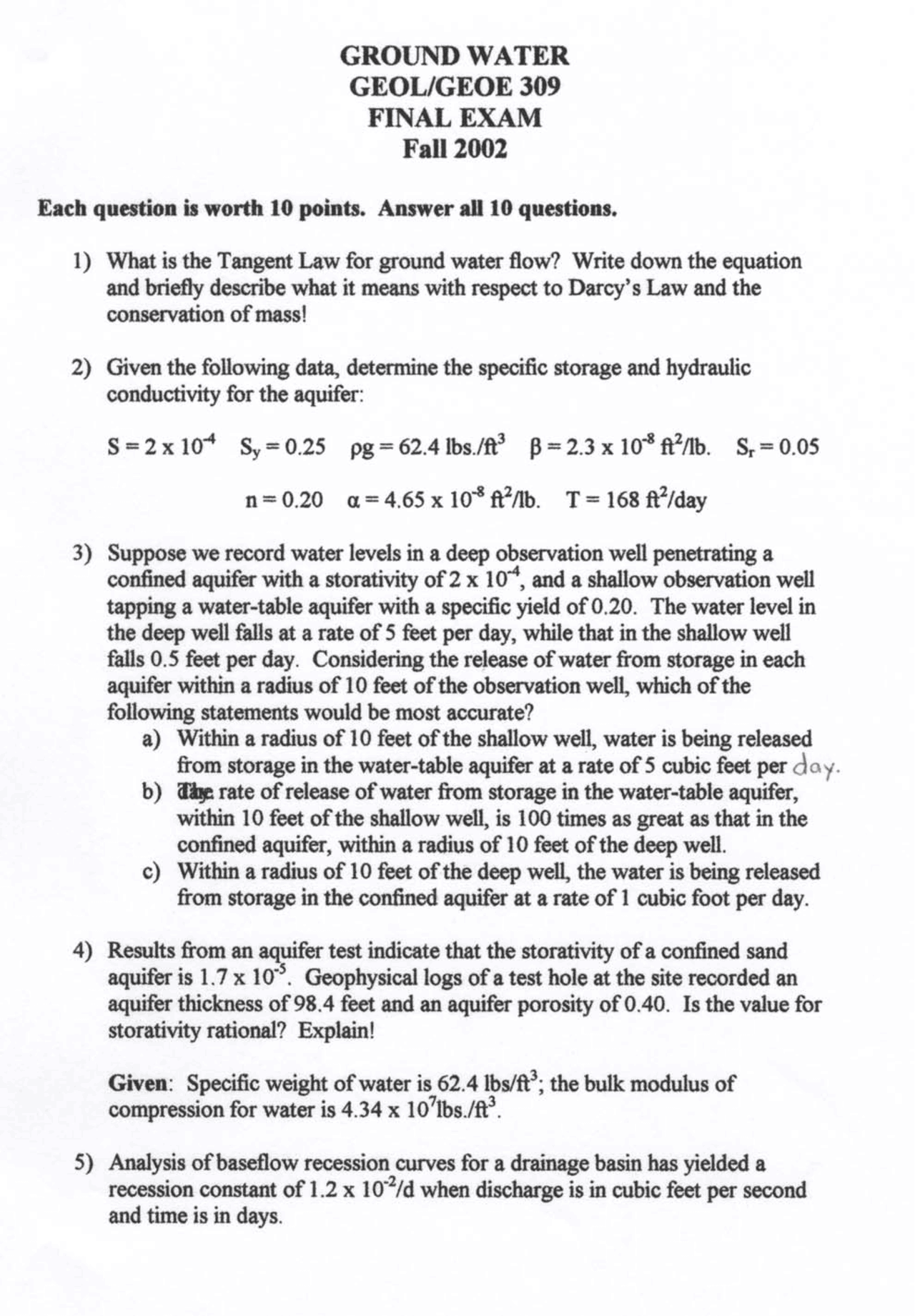Ground Water Hydrology - Final Exam - Fall 2002 | GEOL 309 | Exams ...